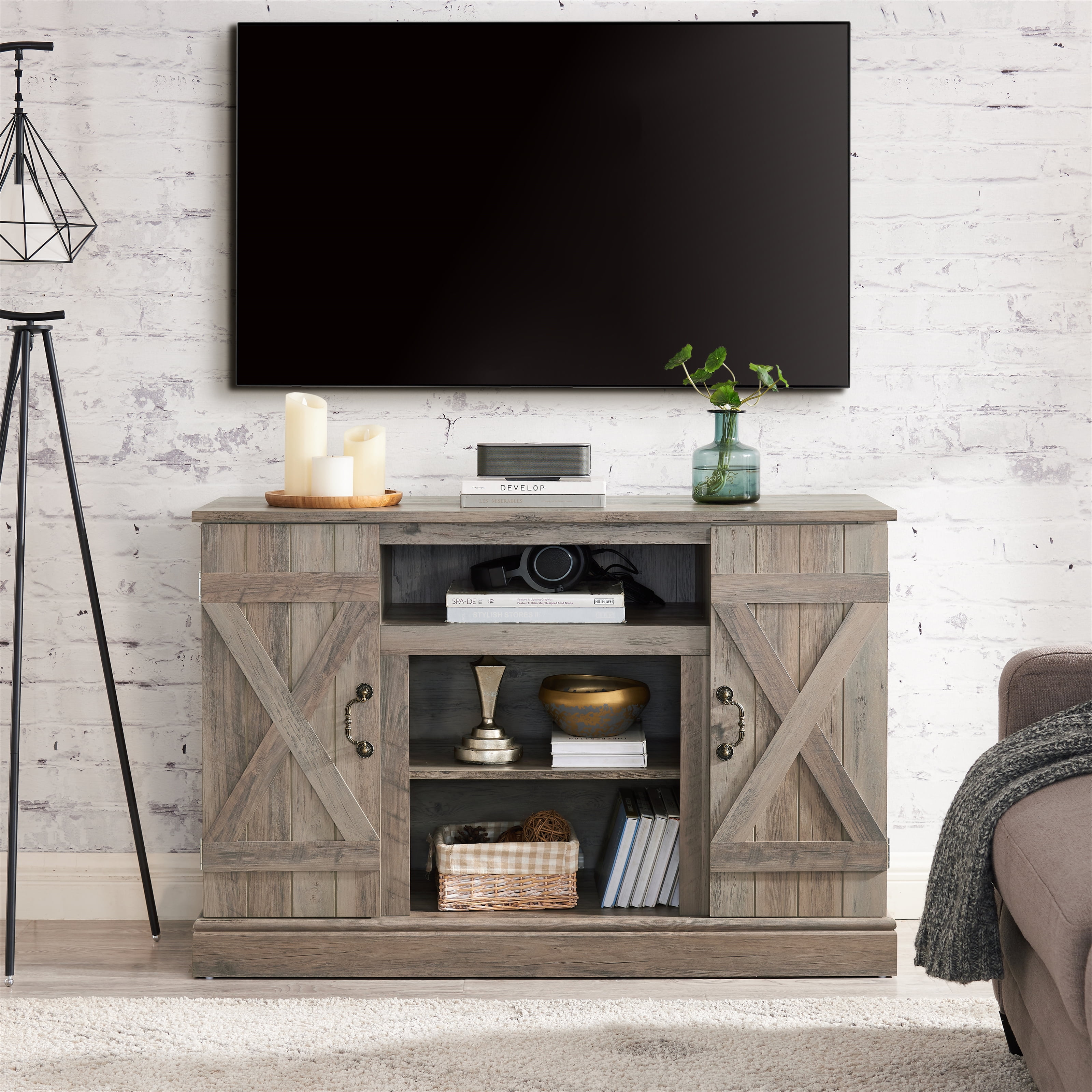 Aukfa Farmhouse TV Stand for TV up to 50", 2 Door Storage Cabinet, Gray ...