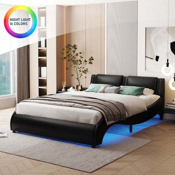 Aukfa Faux Leather Full Upholstered Platform Bed with Headboard, 16 LED ...