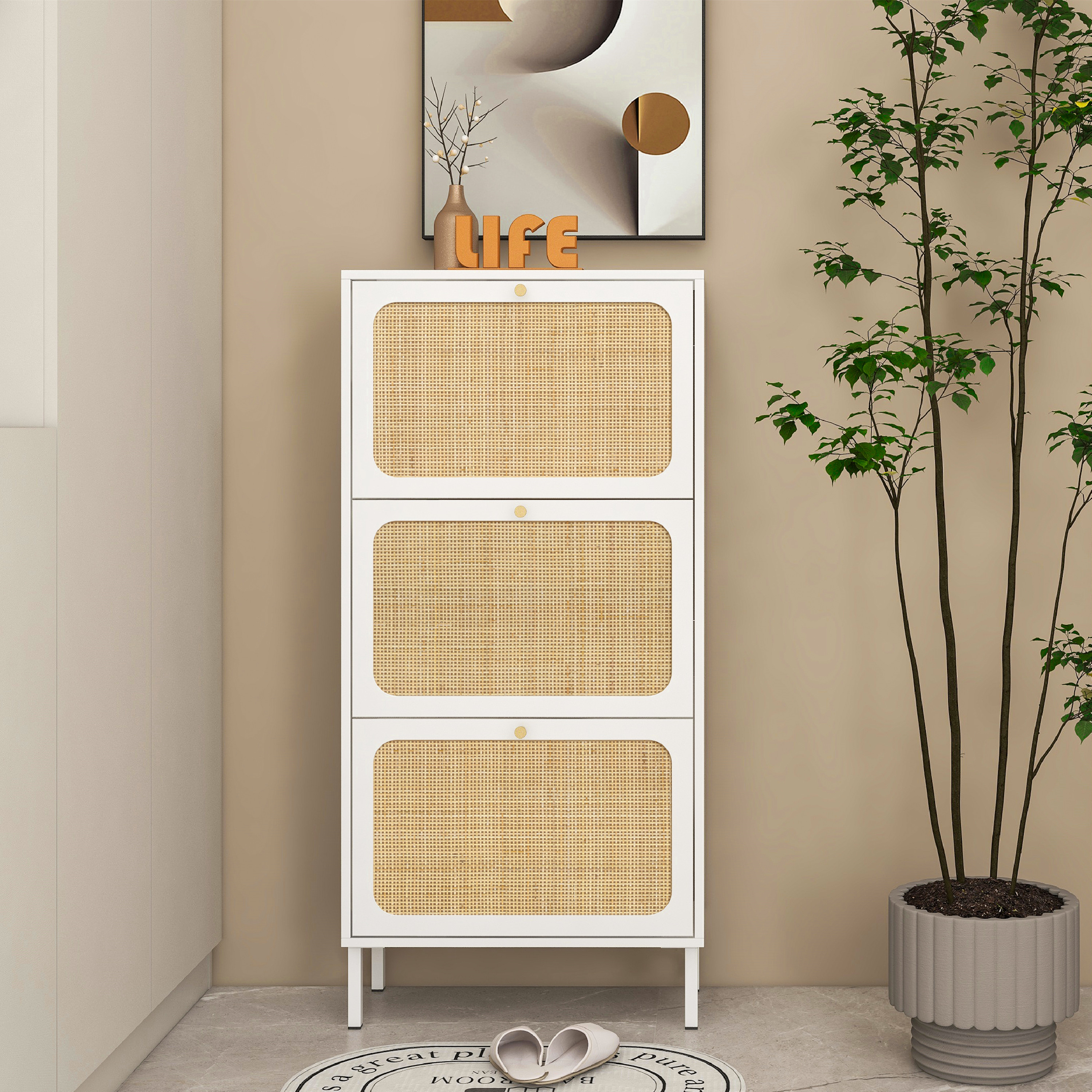 Aukfa Freestanding Rattan Shoe Rack Storage Cabinet for Entryway, White ...