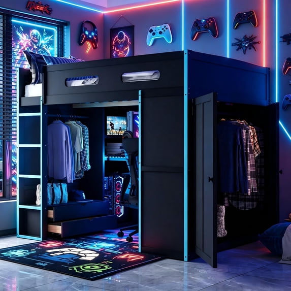 Aukfa Full Size Gaming Loft Bed with Desk, Wardrobe & RGB LED Lights ...