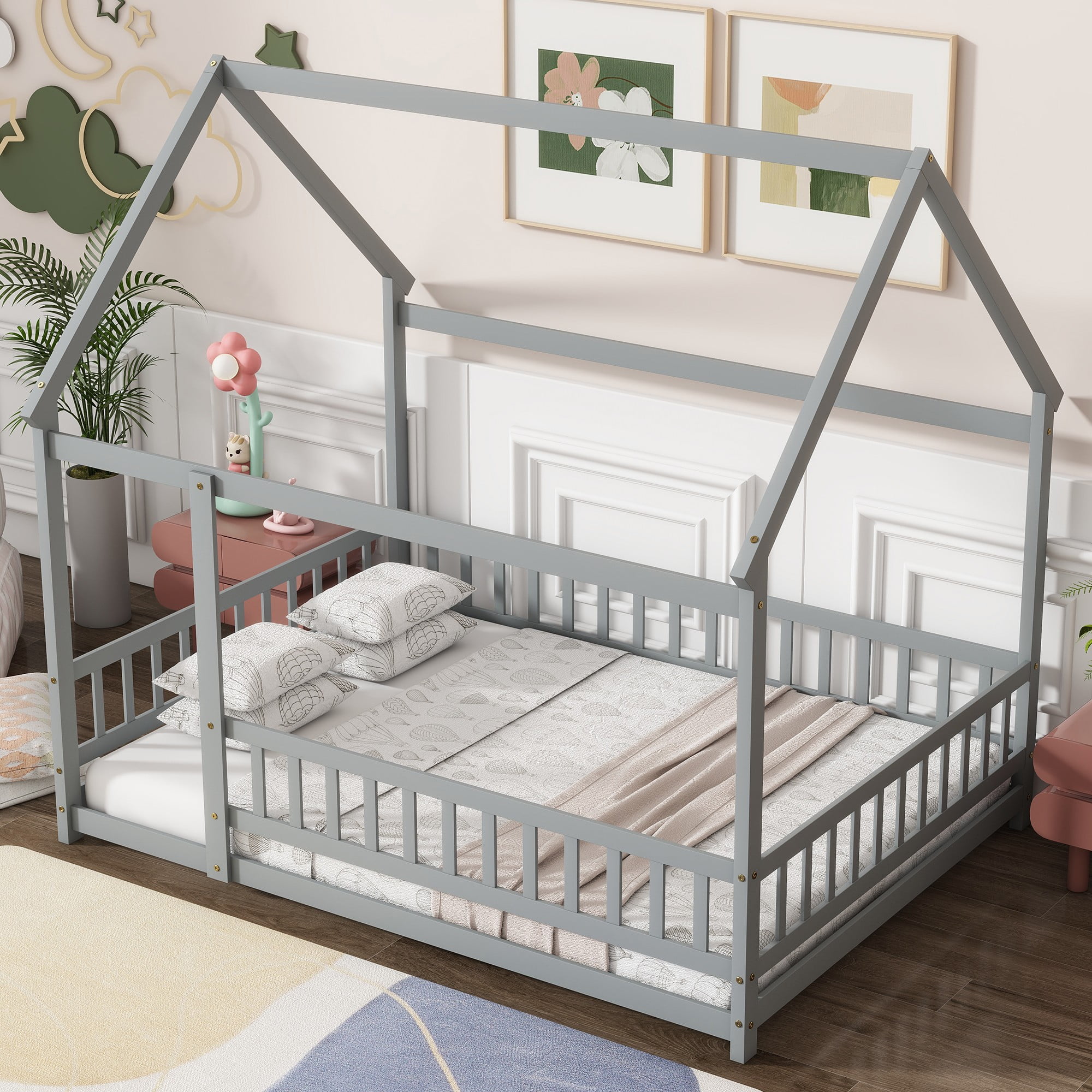 Aukfa Full Size House Bed with Roof, Wood Floor Bed Frame with Fence ...