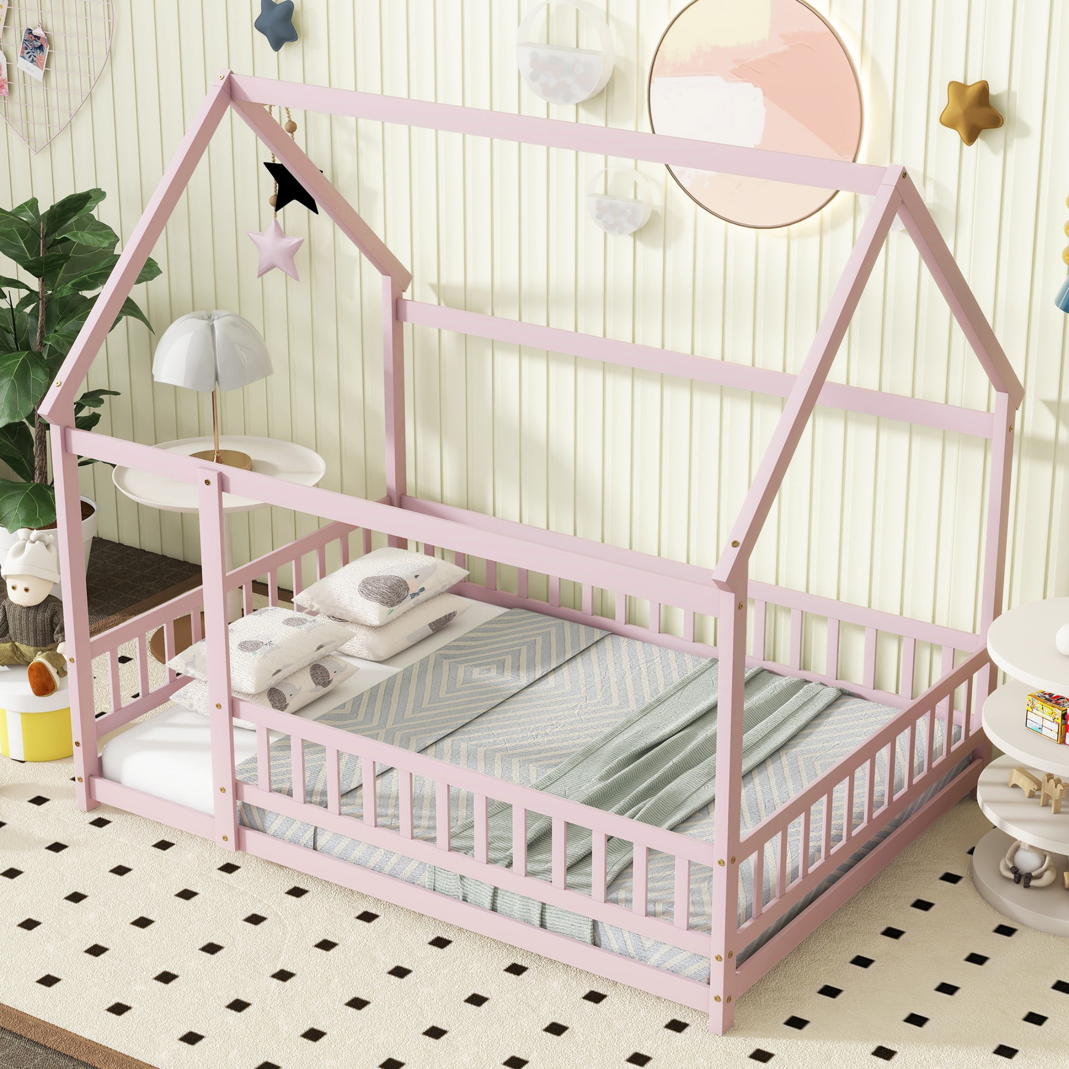 Aukfa Full Size House Bed with Roof, Wood Floor Bed Frame with Fence ...