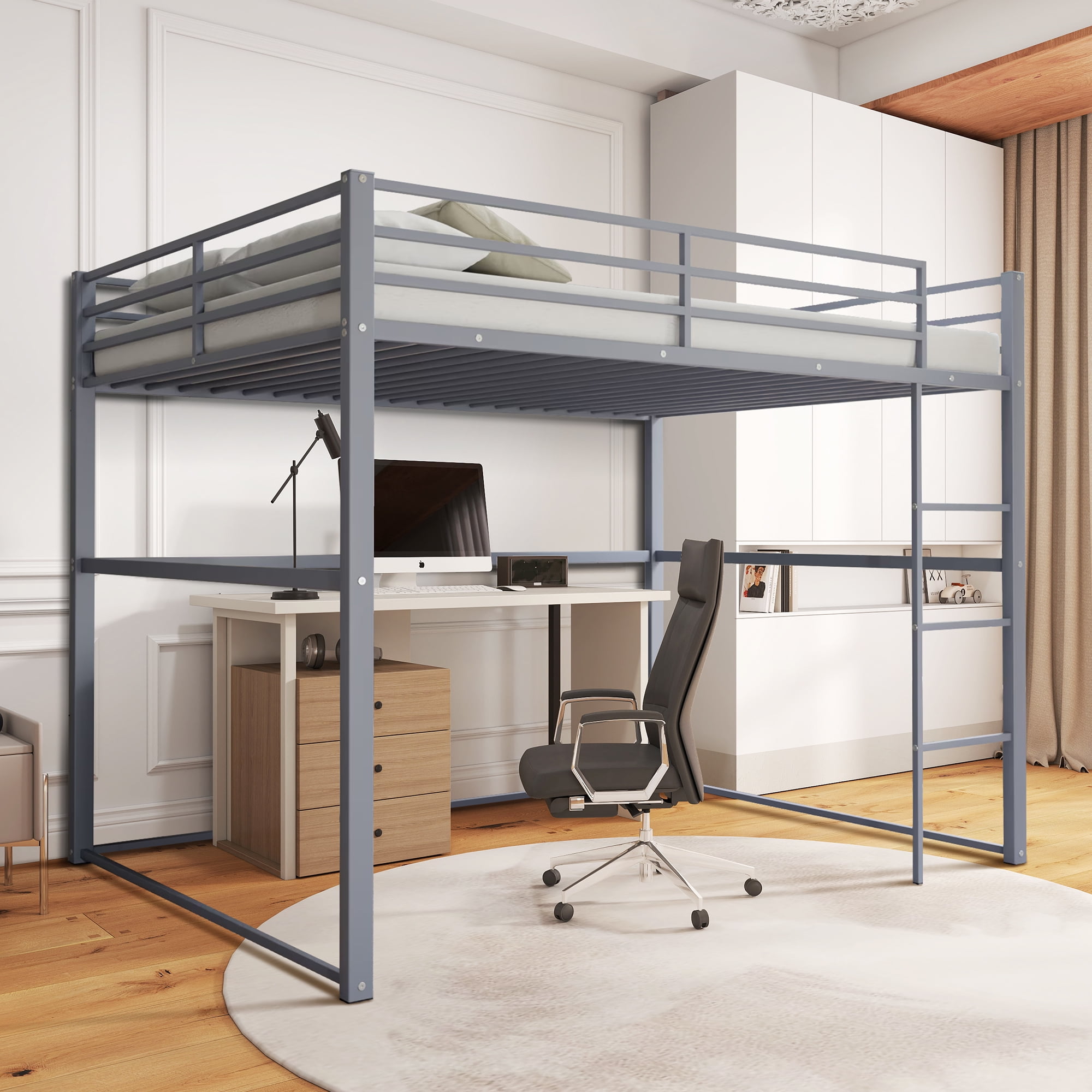 Aukfa Full Size Metal Loft Bed, Space-Saving Bed Frame with Safety Guard Rails Kids Teens Adults ...