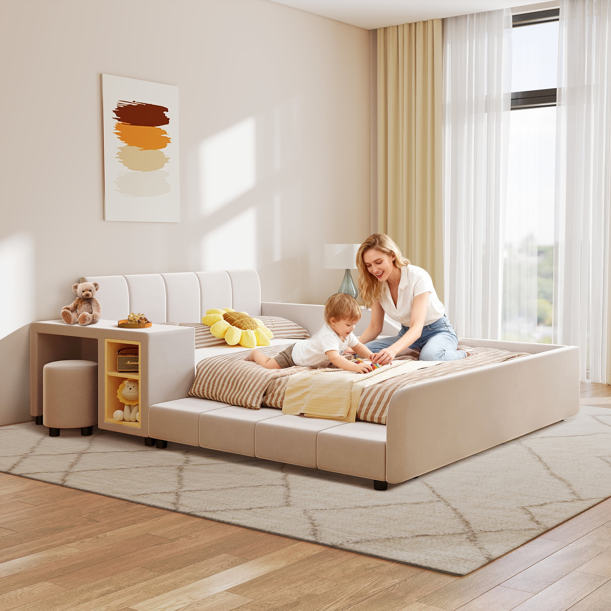 Aukfa Full Size Mother & Child Bed Frame, Velvet Upholstered Platform ...
