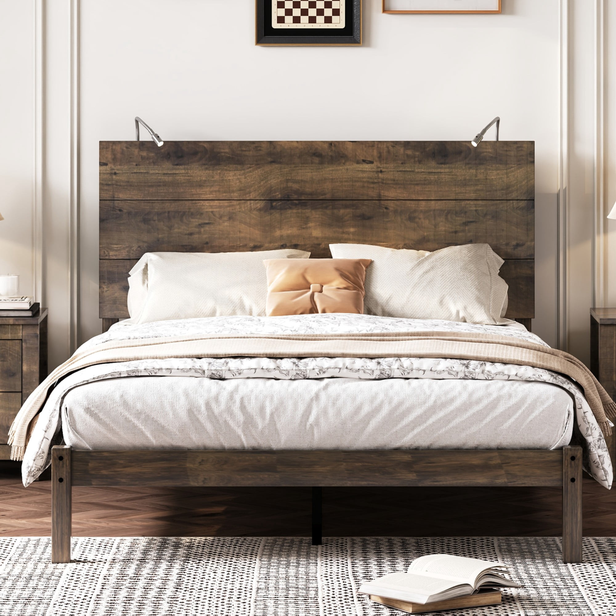Aukfa Full Size Platform Bed, Farmhouse Wood Bed with Two Bedside ...