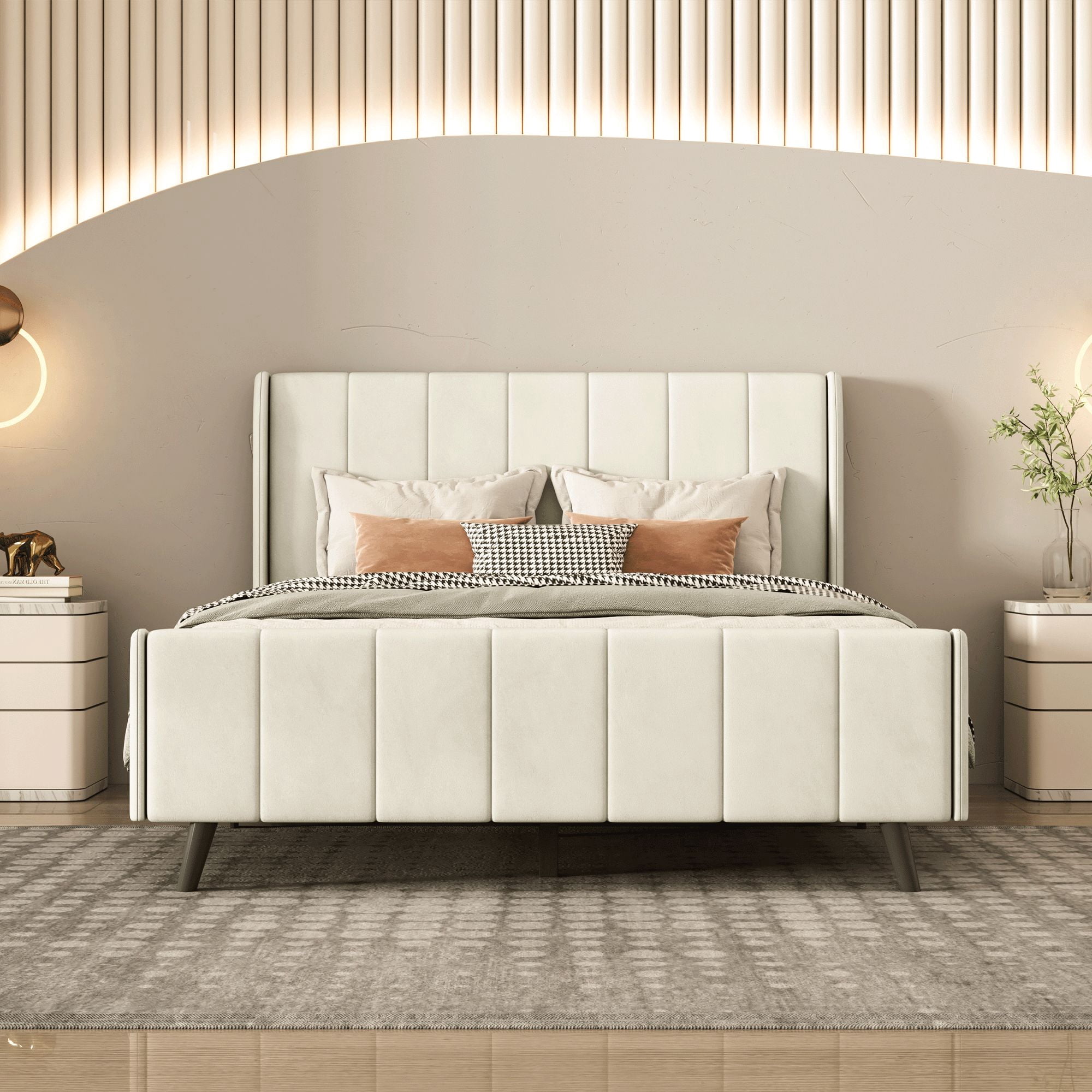 Aukfa Full Size Upholstered Platform Bed, Velvet Vertical Stripe Bed ...