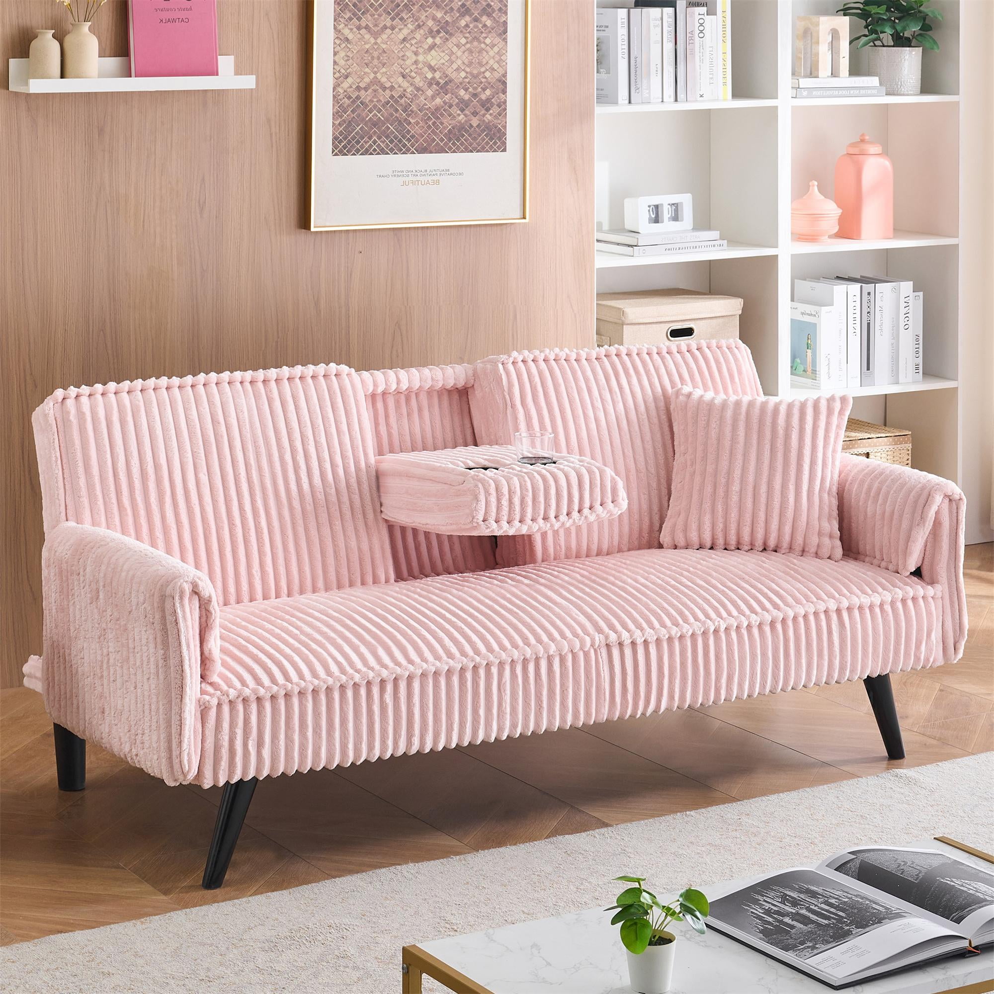 Aukfa 72" Futon Convertible Sofa Bed, 2 Cup Holders& Pillow, Straight ...