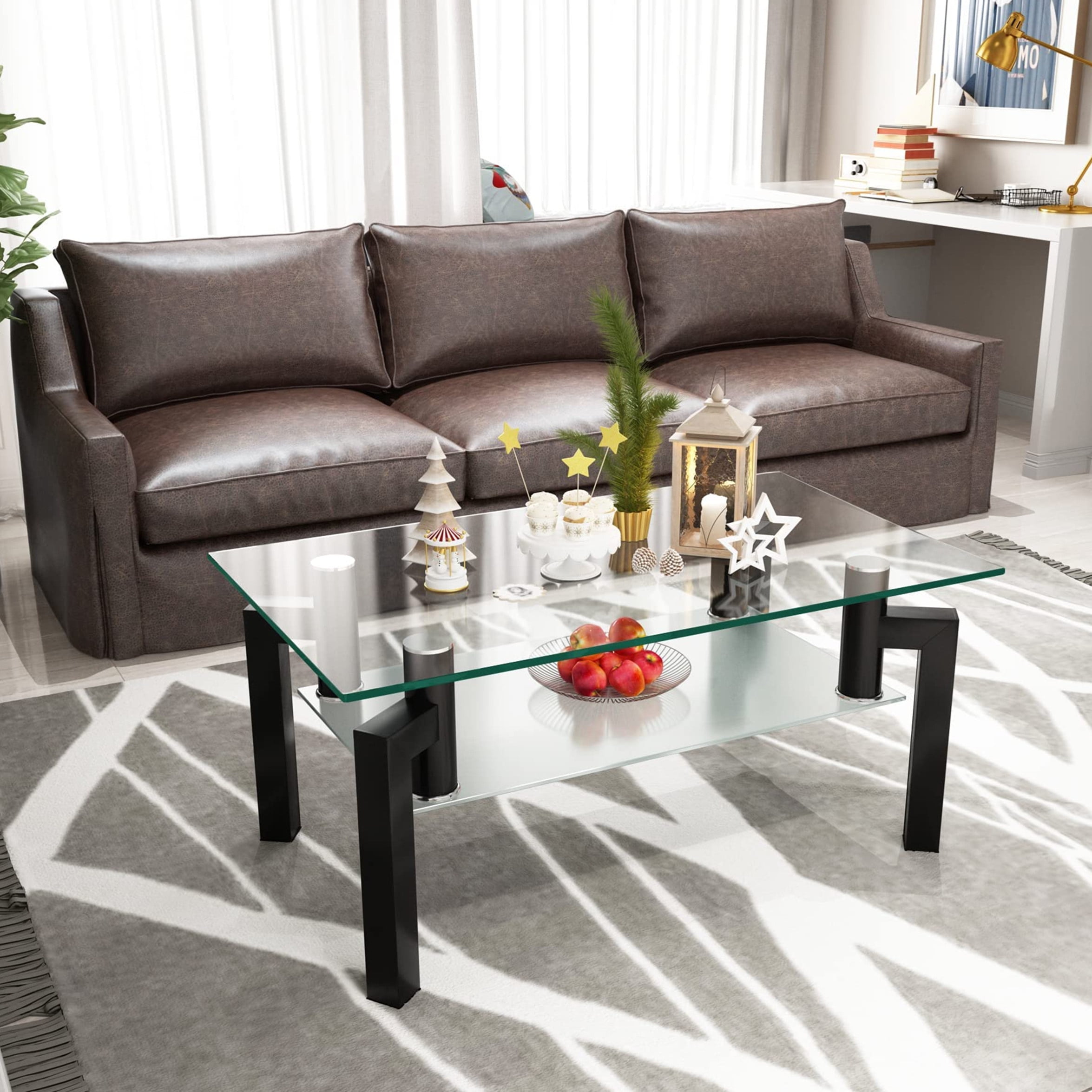 Aukfa Glass Coffee Table- 2 Tier Rectangle Sofa Table for Living Room ...