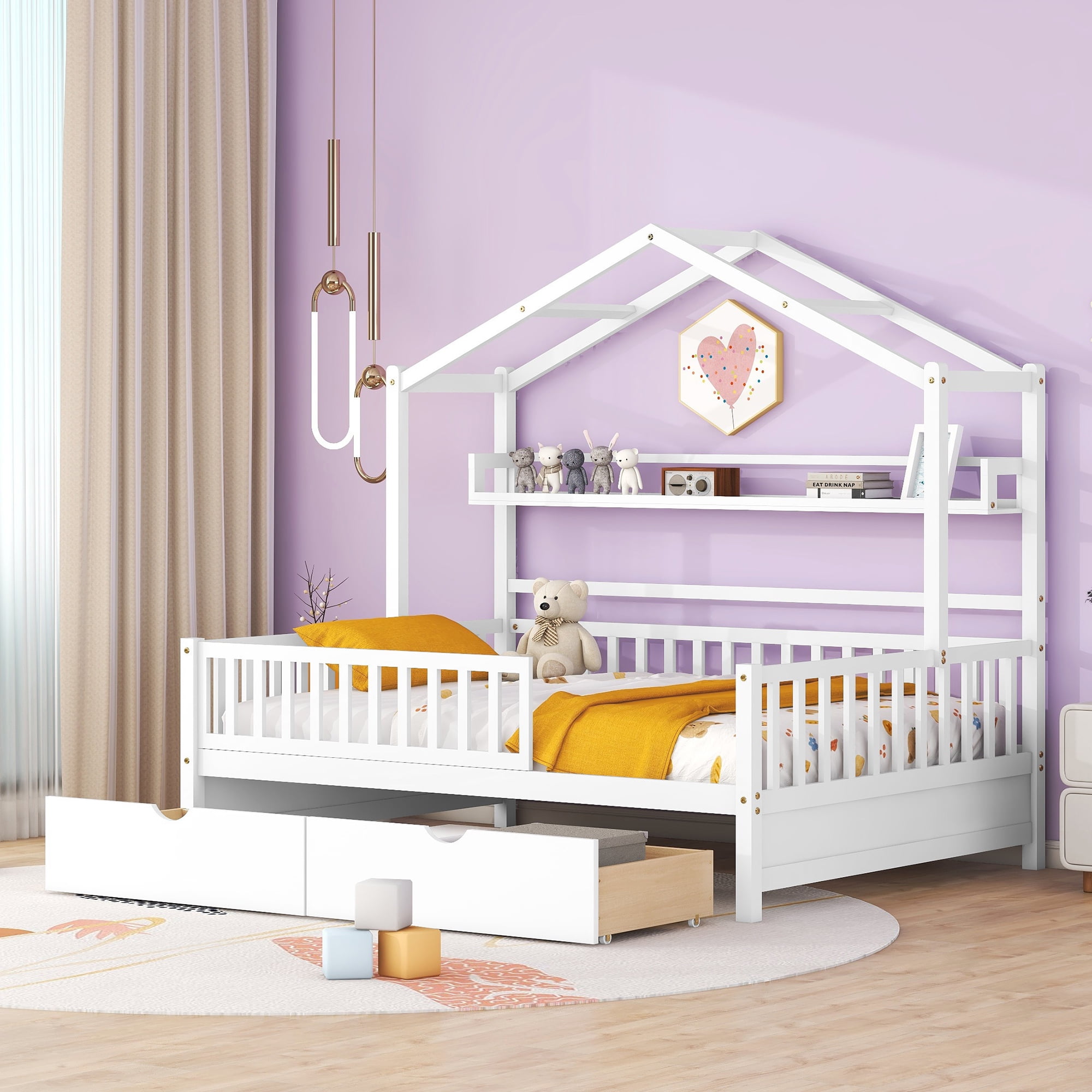 Aukfa House Bed with Storage Drawers, Full Size Platform Bed with Roof ...