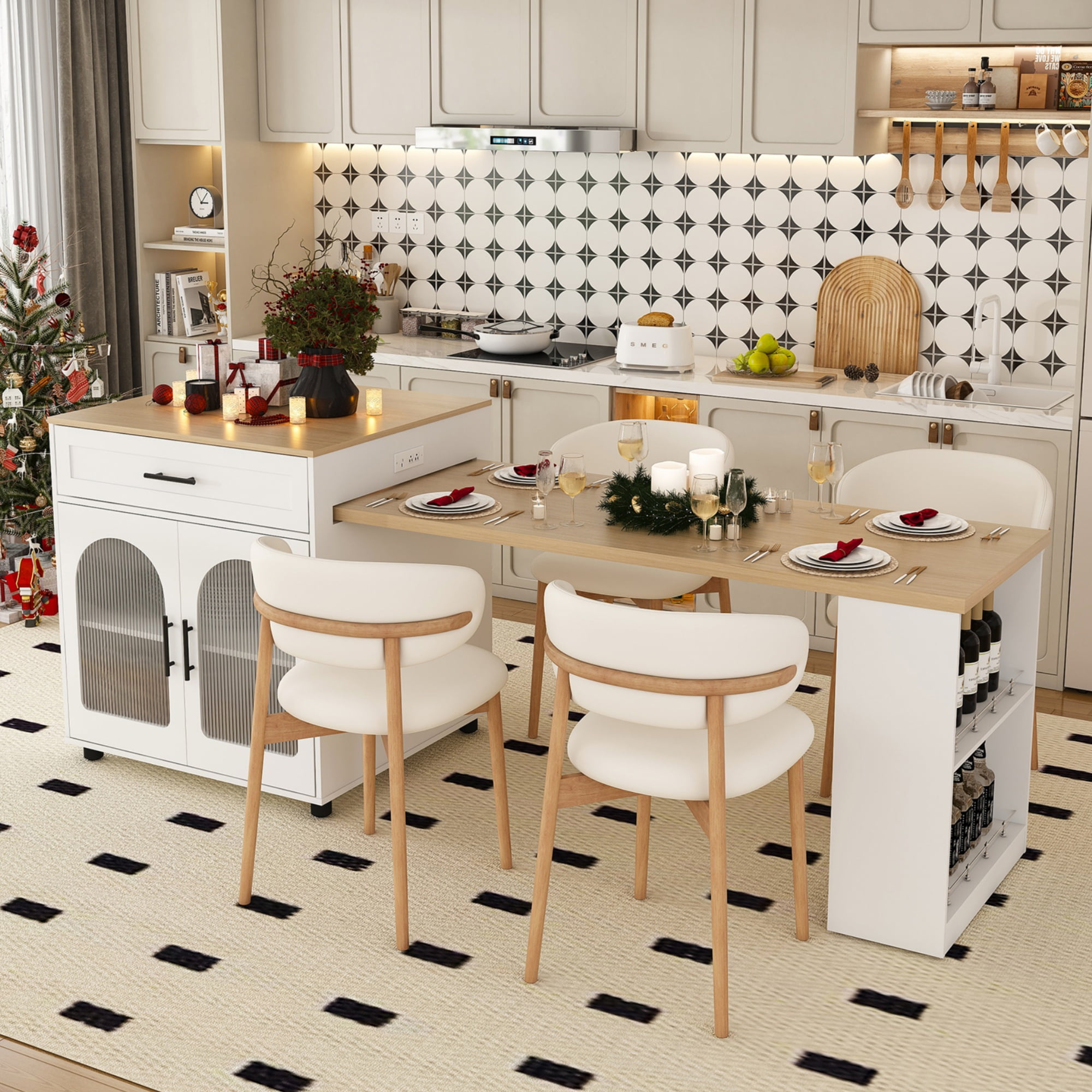 Aukfa Kitchen Islands with Extendable Dining Table,Mobile Retractable ...