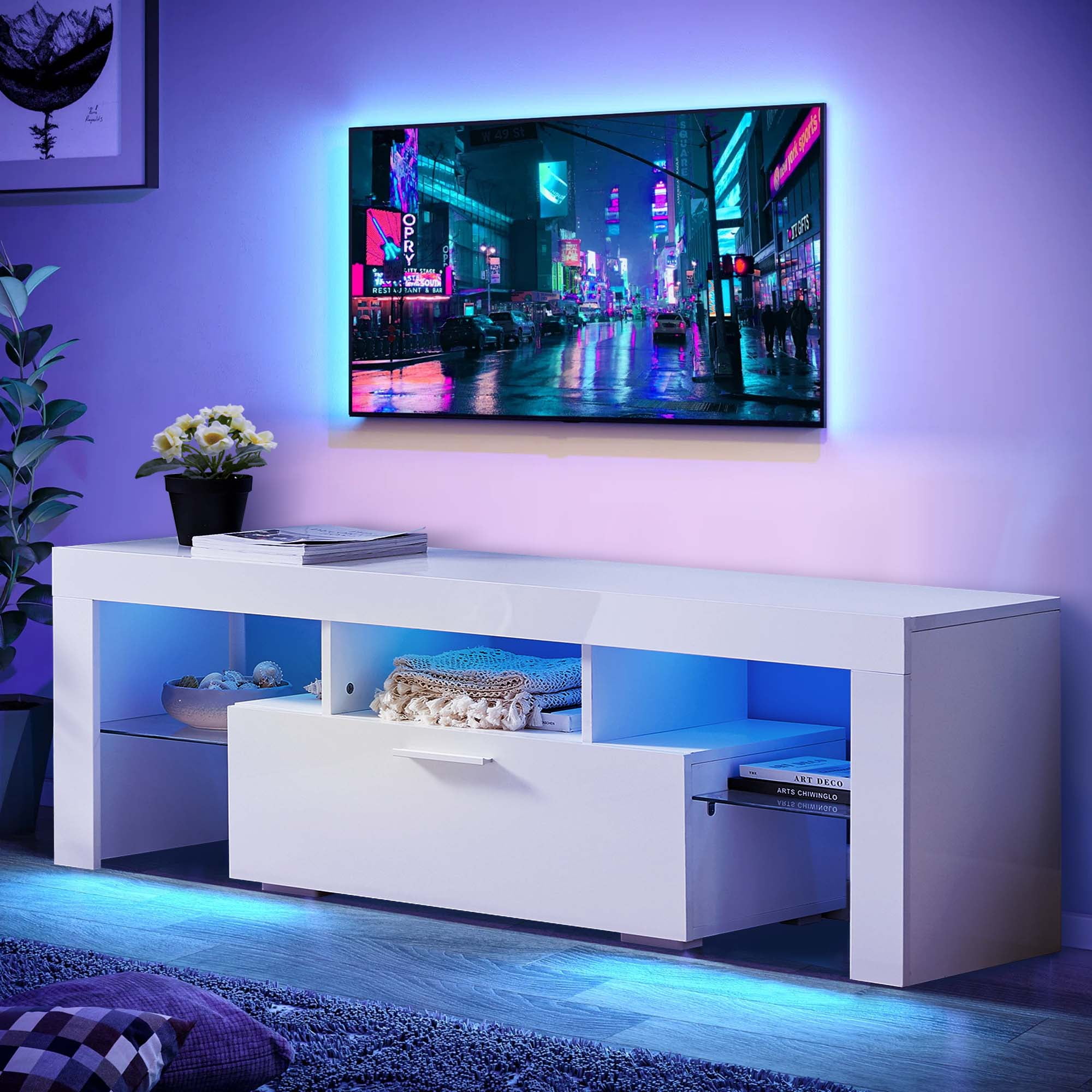 Aukfa LED TV Stand for TVs up to 60 Inches with Storage Shelves and ...