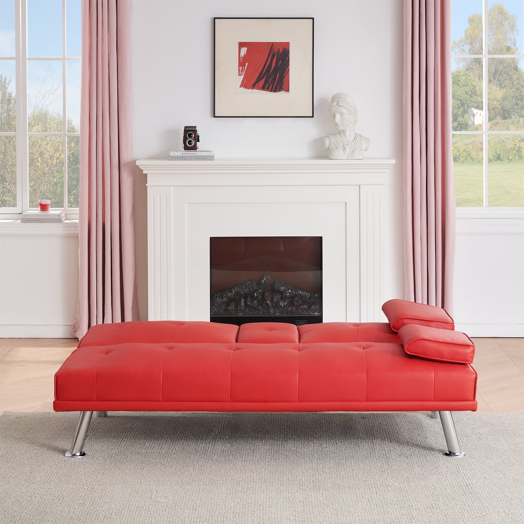 Aukfa Leather Futon Convertible Sofa Bed with 2 Cup Holders&Pillows ...