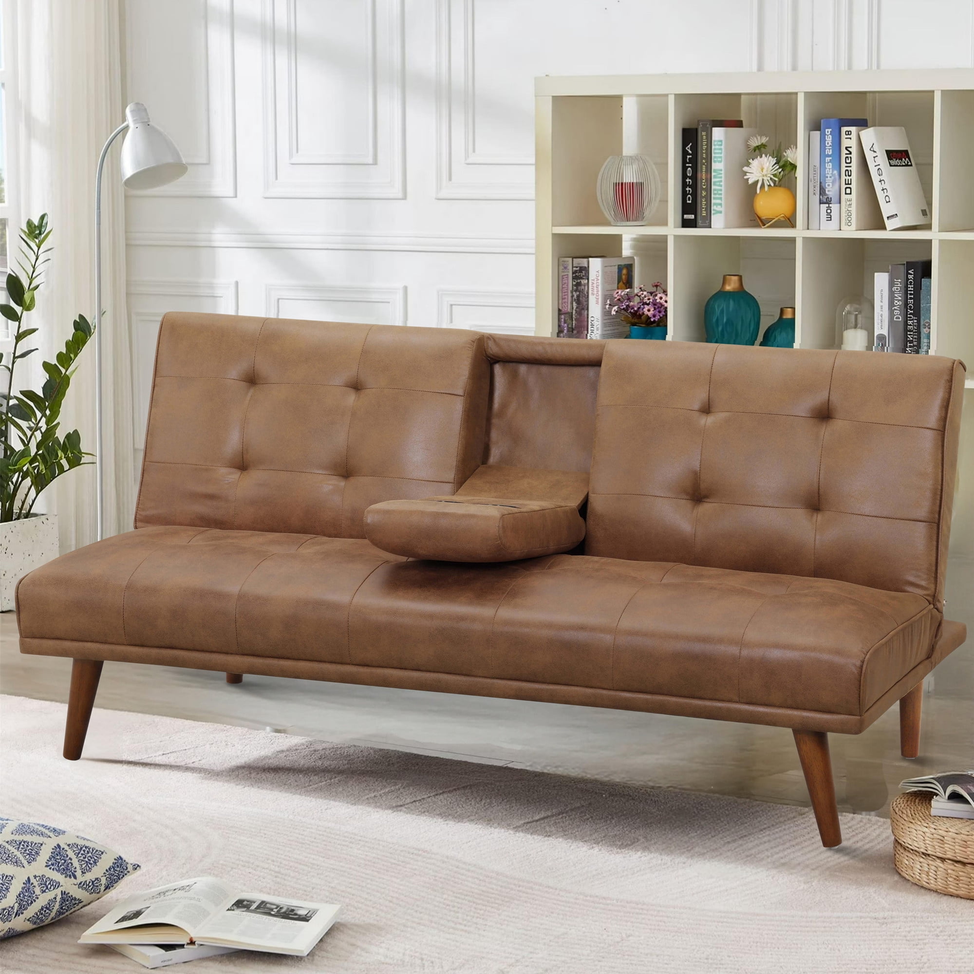 Aukfa Leather Futon Convertible Sofa Bed with 2 Cupholders for Home ...