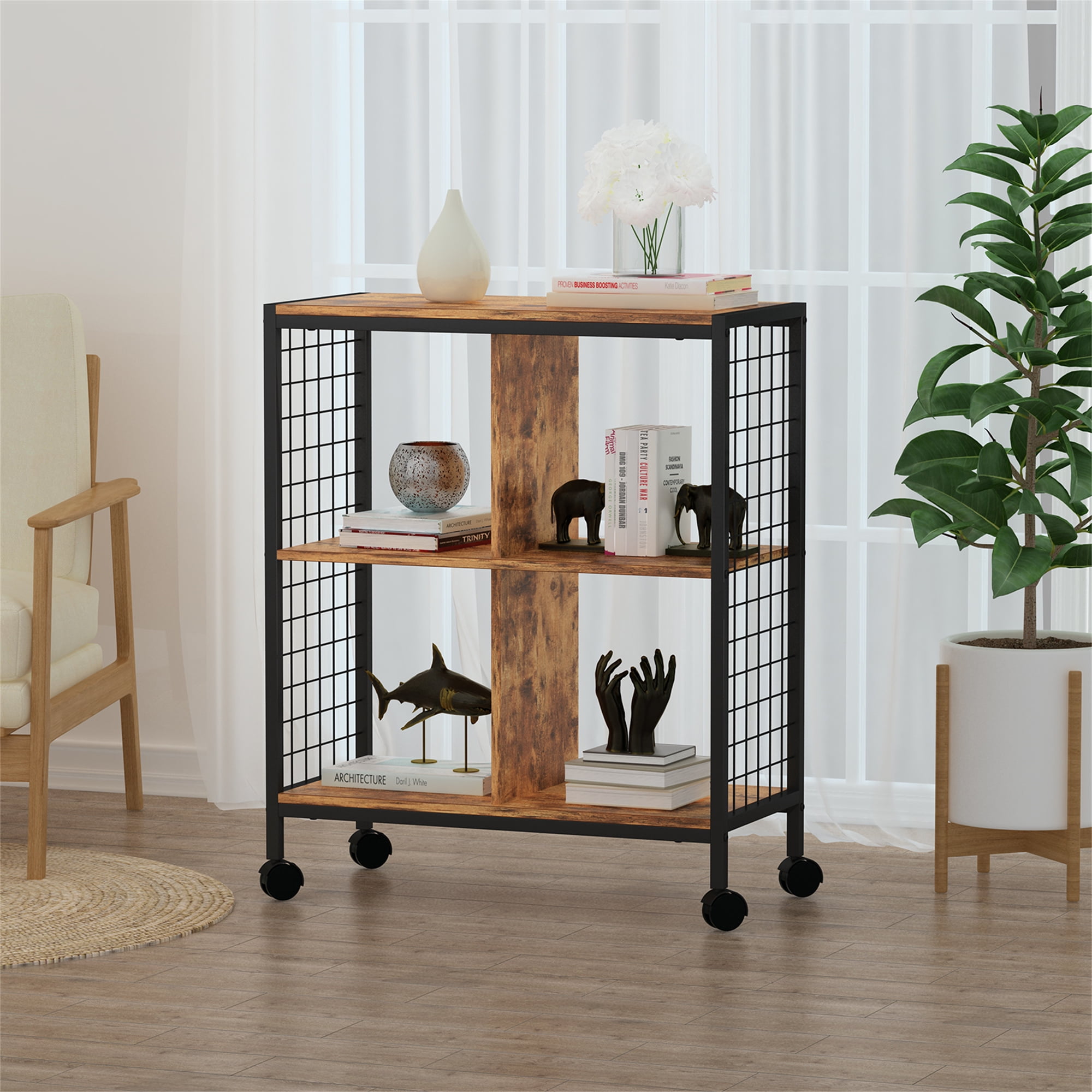 Aukfa Living Room Bookshelf Rack, Movable Kitchen Two Tier Wood Storage ...