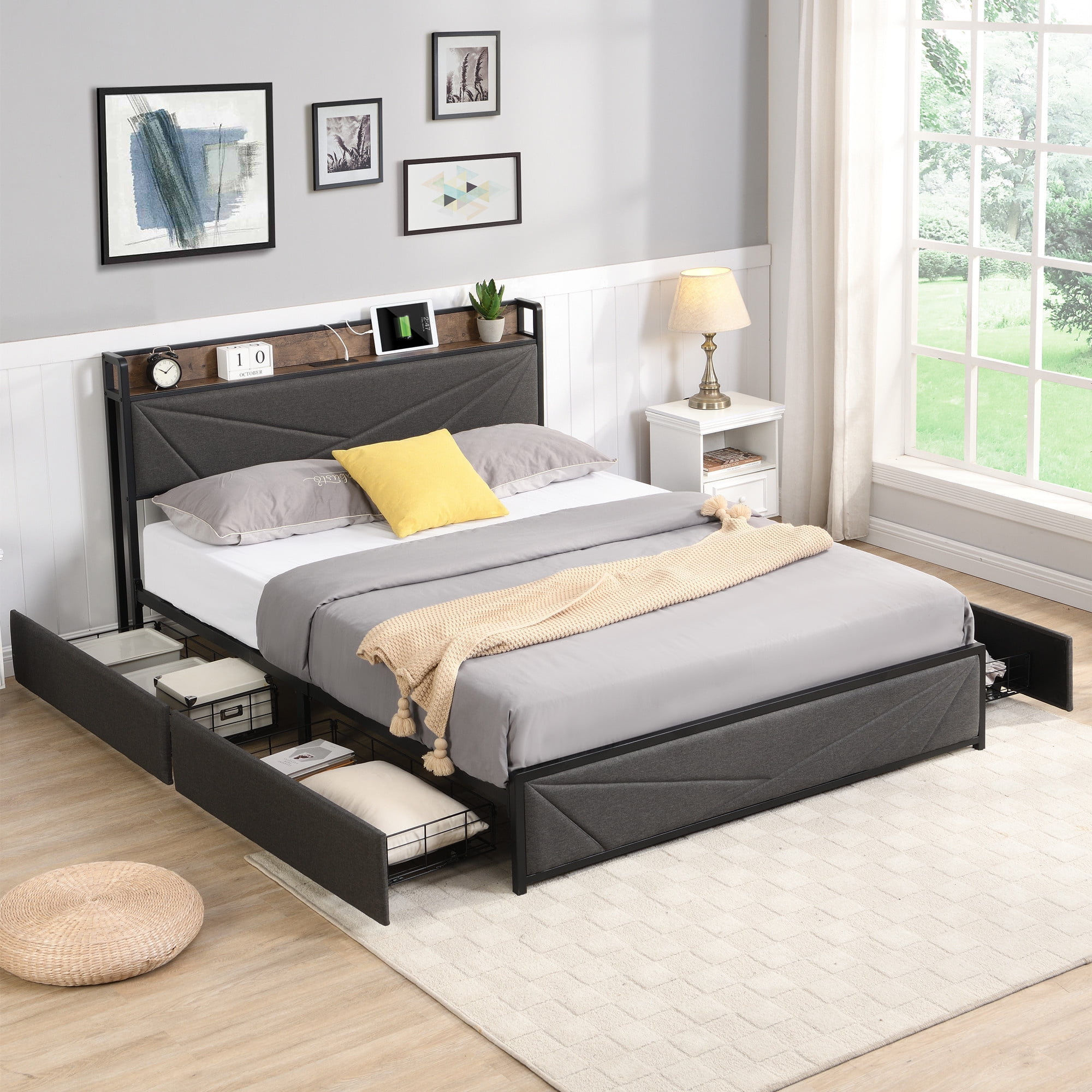Aukfa Metal Full Size Upholstered Bed Frame with USB Ports, 4 Storage ...