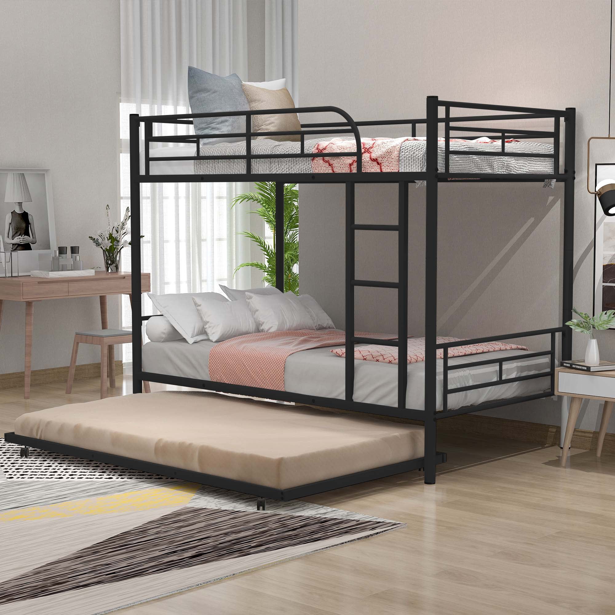 Aukfa Metal Twin-Over-Twin Bunk Bed with Trundle, Convertible into Two ...