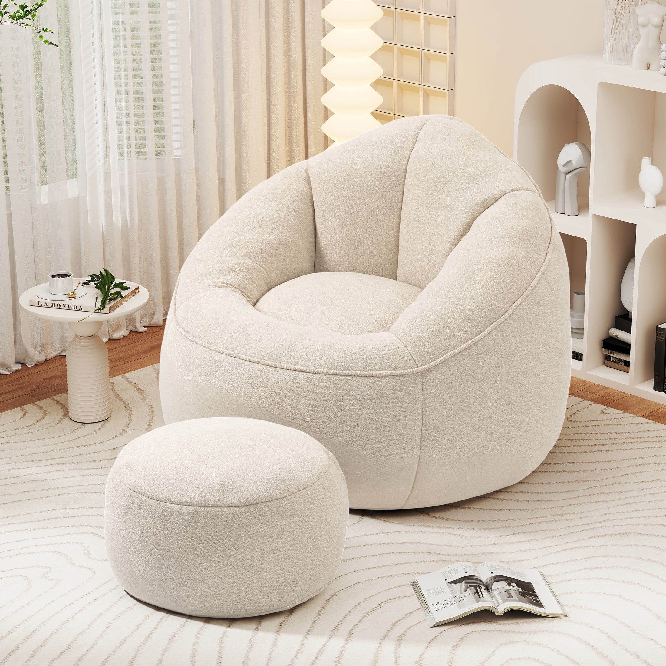 Aukfa Microfiber Petal Back Bean Bag Chair with Footstool, White ...