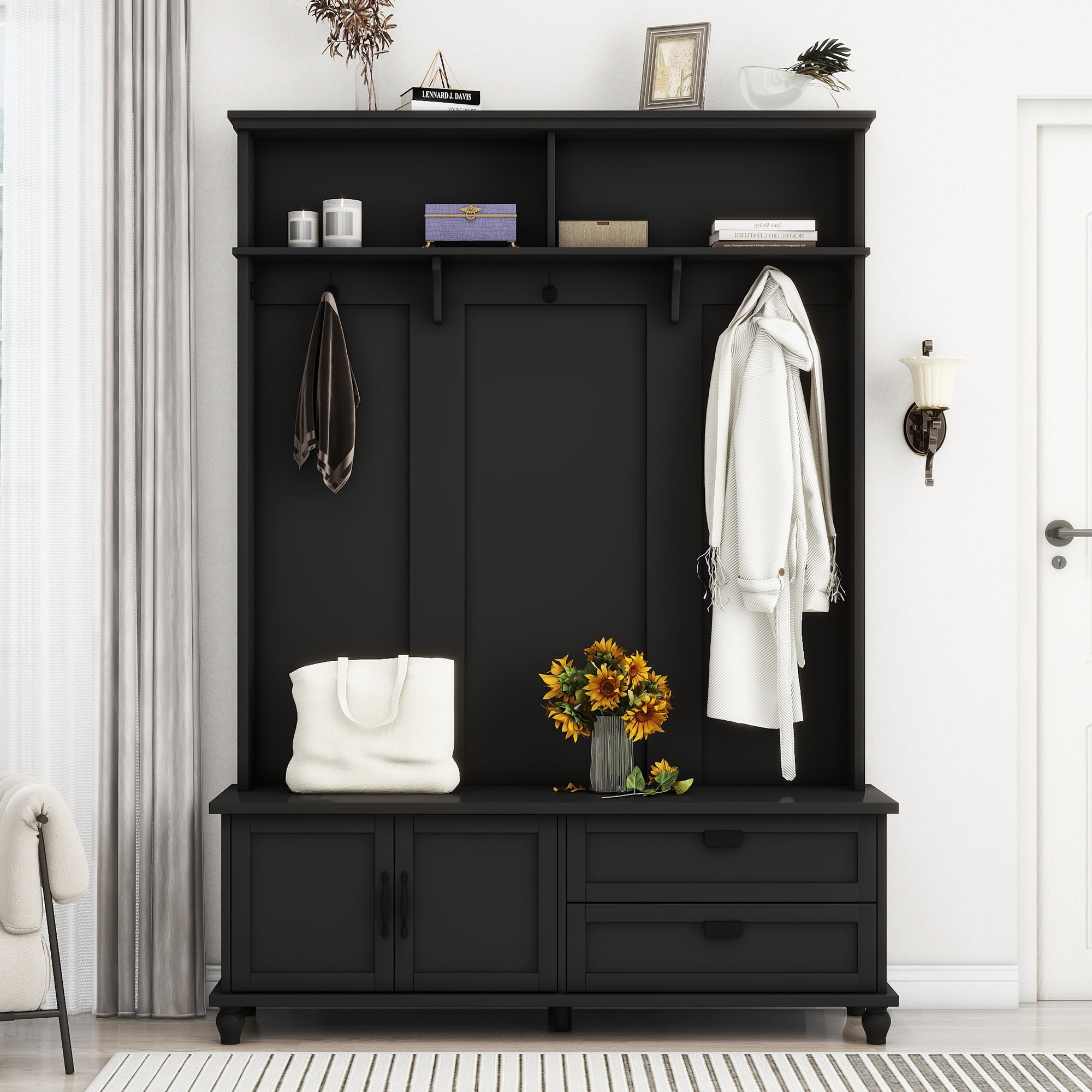Aukfa Modern Entryway Hall Tree w/ Bench,5 Hooks & 2 Drawers,Black ...