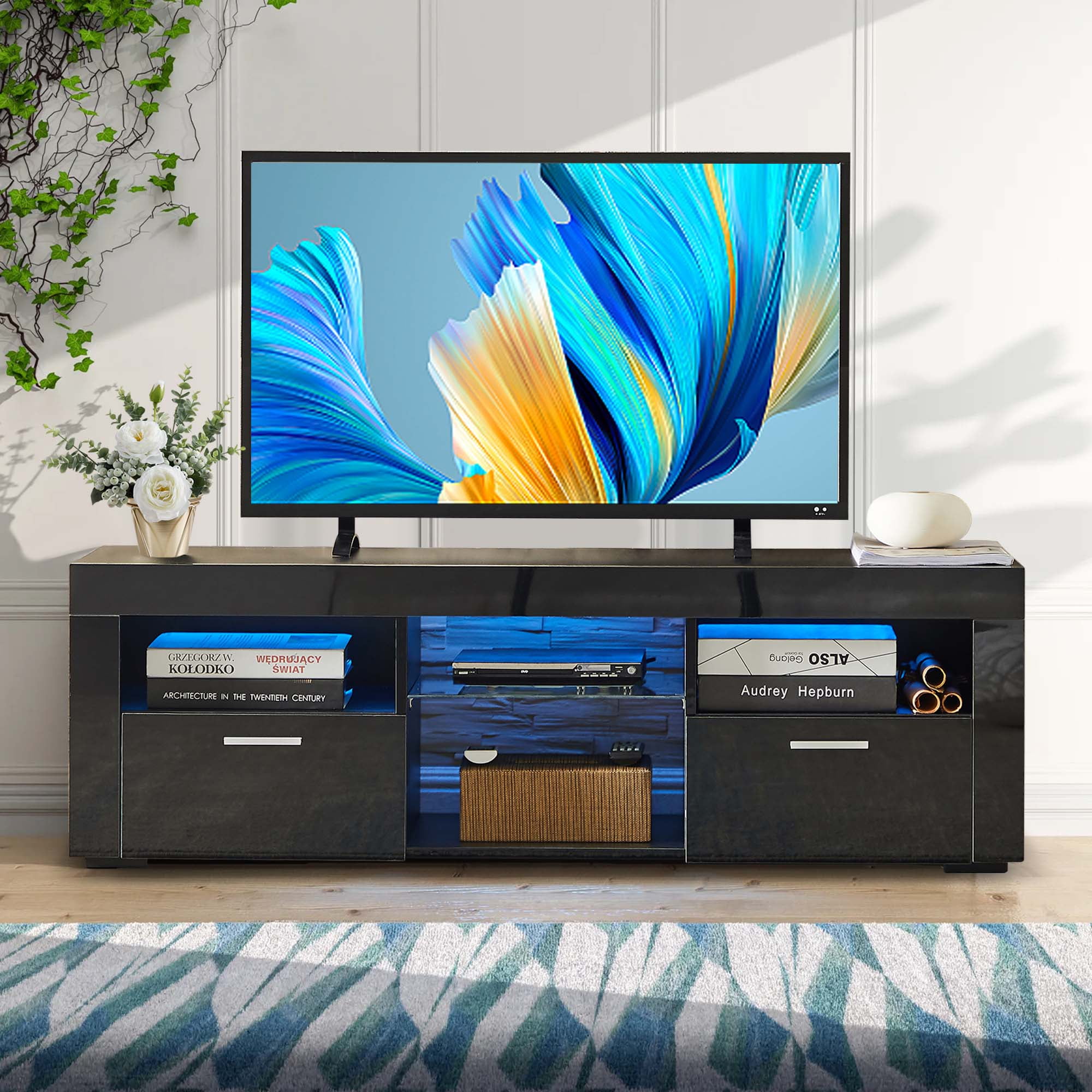 Aukfa Modern LED TV Stand for 55 inch TV High Gloss TV Cabinet for Living Room Black