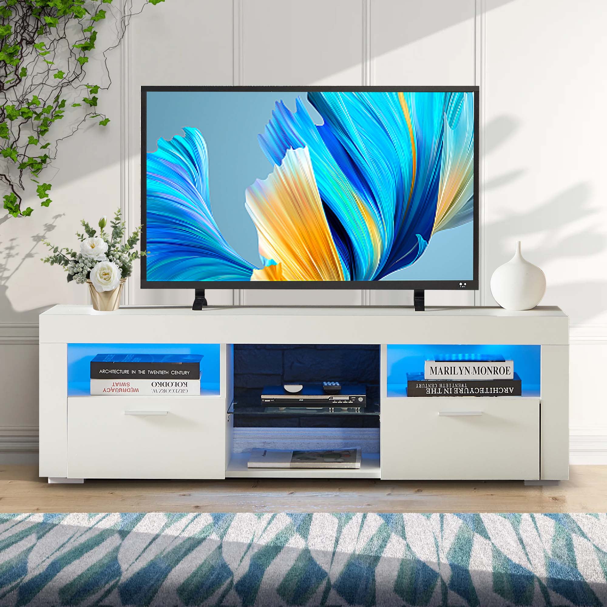 Aukfa Modern LED TV Stand for 55 inch TV, High Gloss TV Cabinet for ...