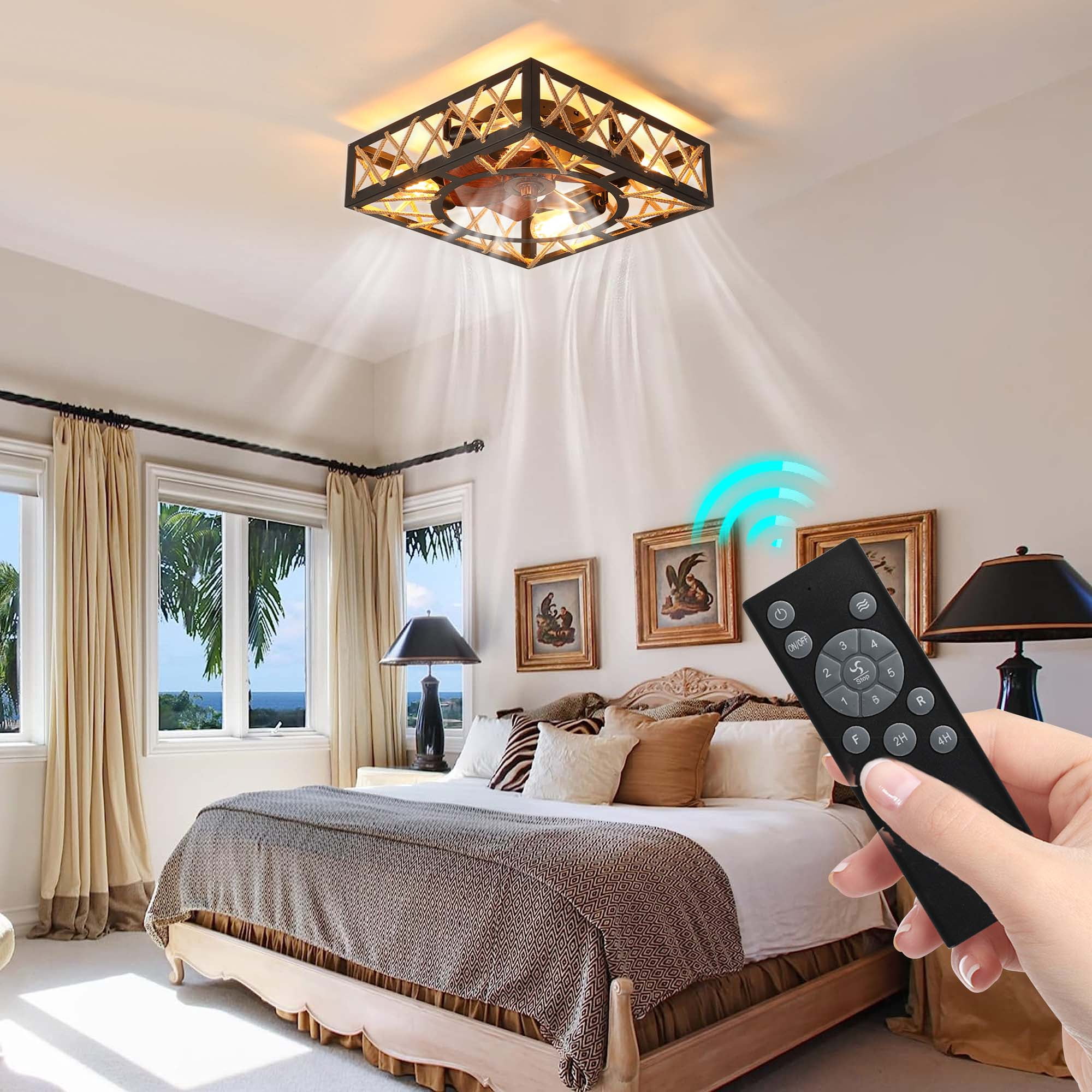 Aukfa Modern Low Profile Drum Cage Ceiling Fan with Light - Remote ...