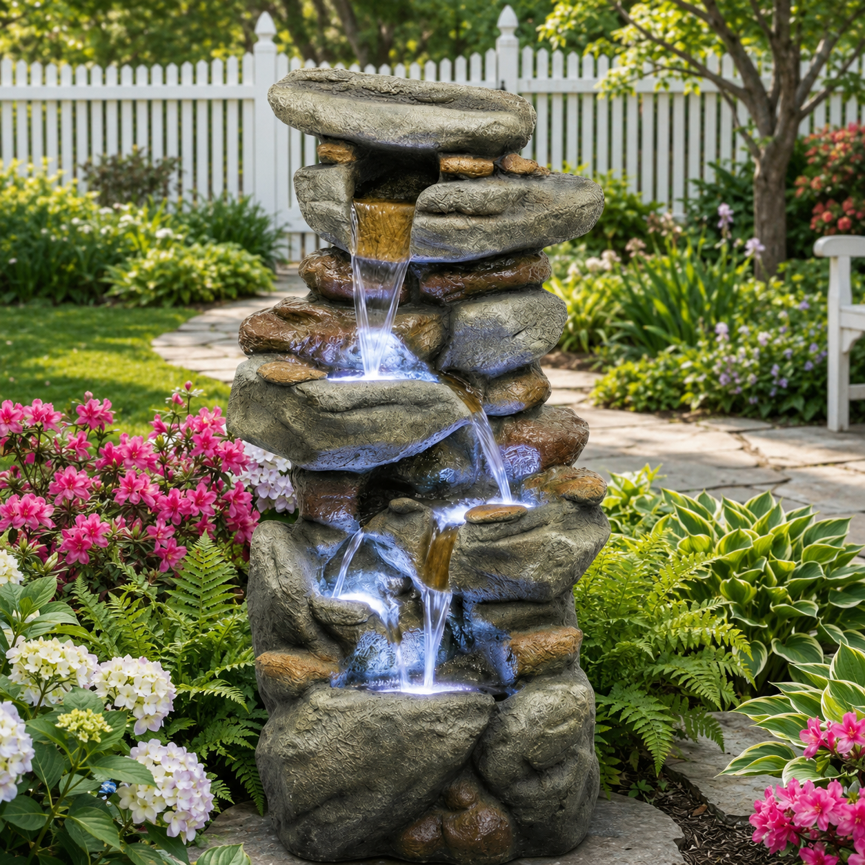 Aukfa Outdoor Water Fountain with LED Lights, Resin Cascading Waterfall ...