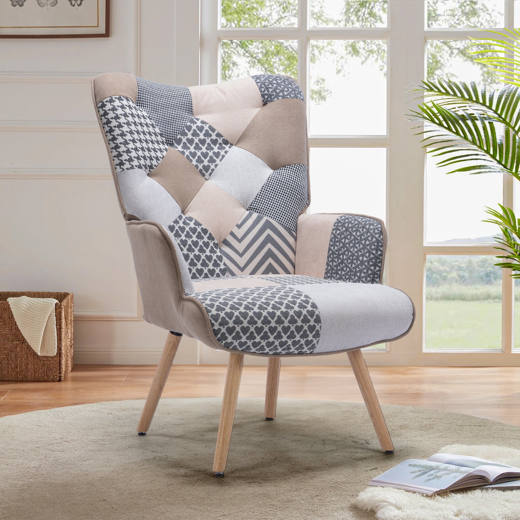 Aukfa Patchwork Accent Chair, Modern Upholstered Wingback Armchair for ...