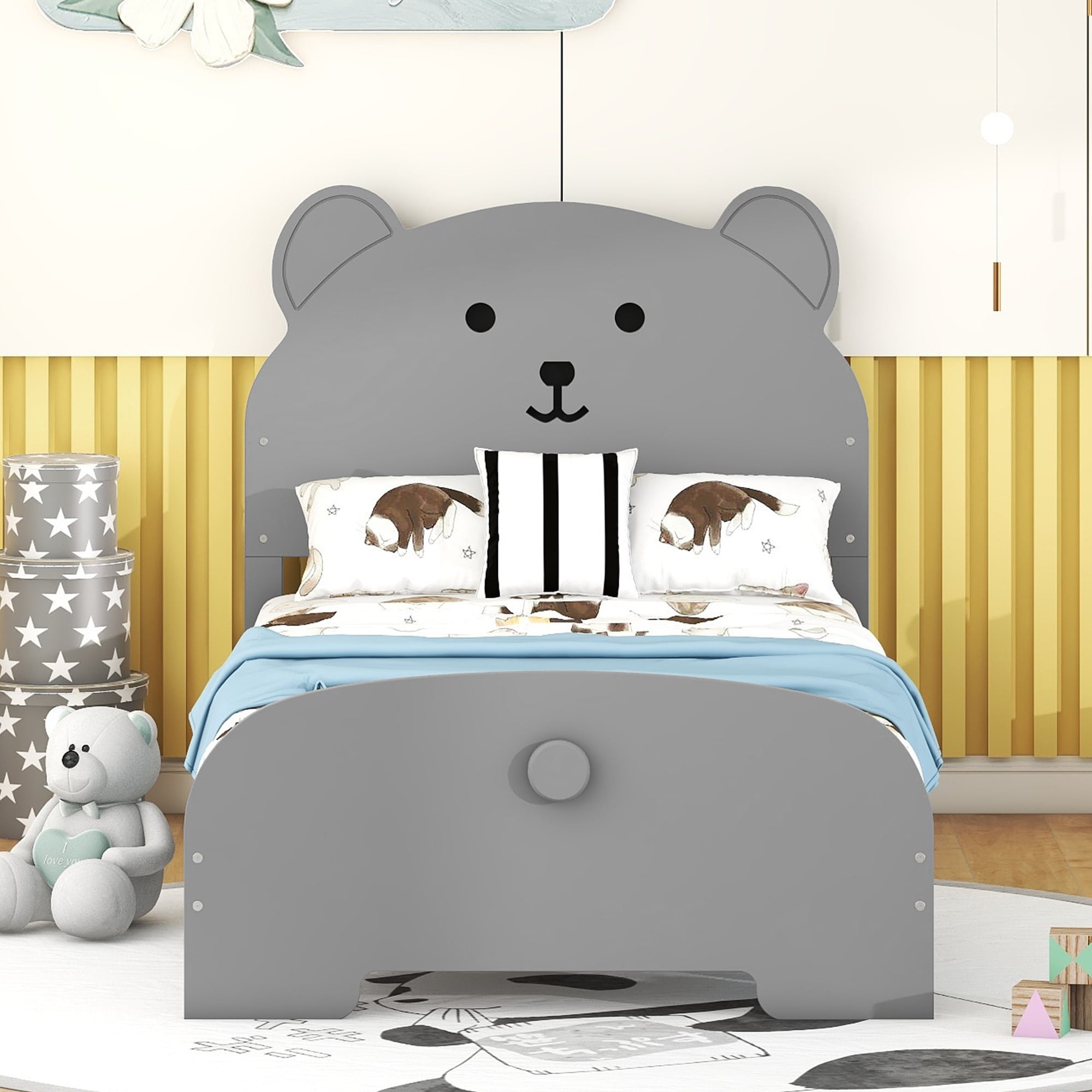 Aukfa Platform Bed with Bear-shaped Headboard, Twin Bed Frame for Kids ...