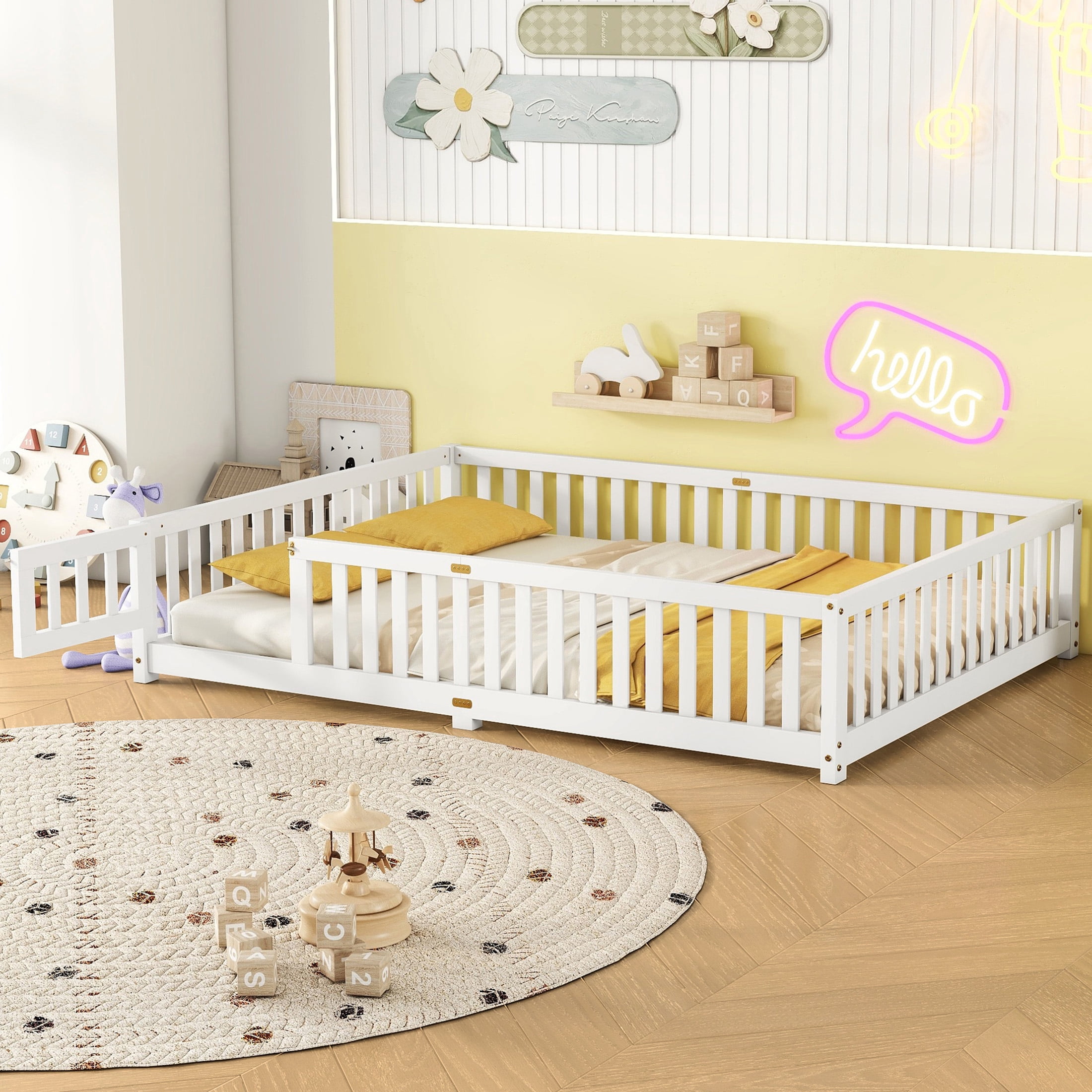 Aukfa Queen Floor Bed for Kids with Safety Guardrails and Door, White ...