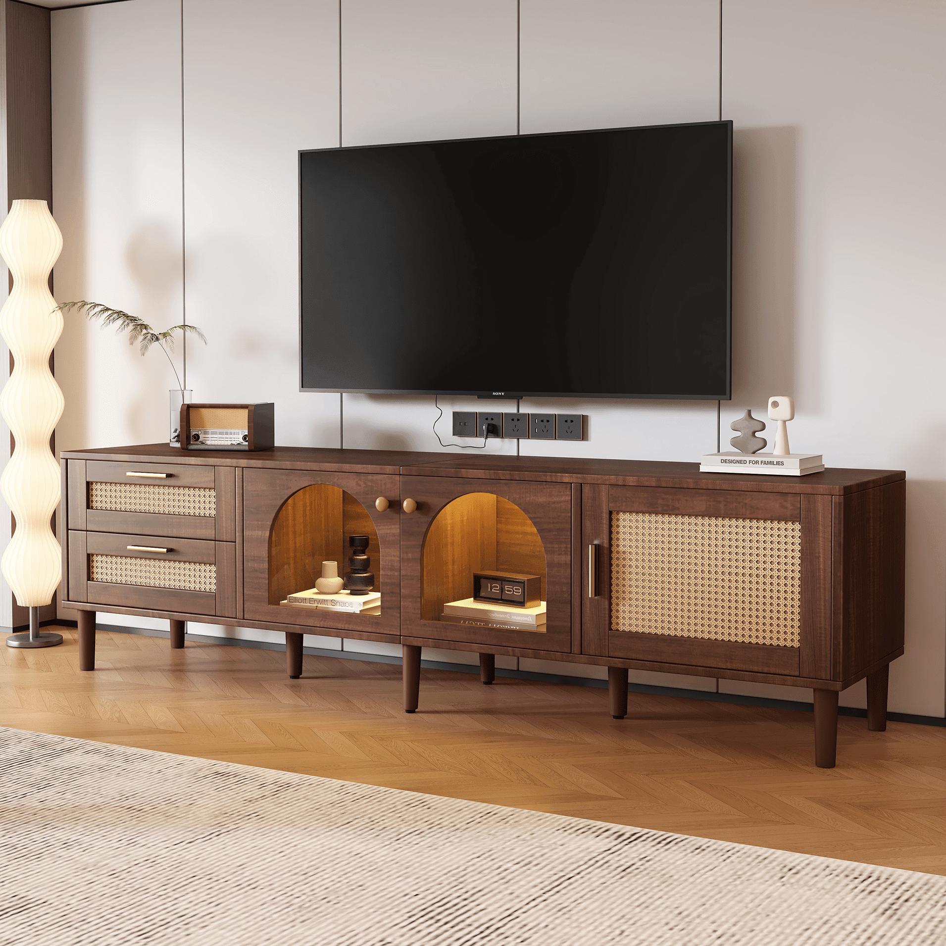 Aukfa Rattan TV Stand for TVs up to 80", LED Media Console,Natural ...