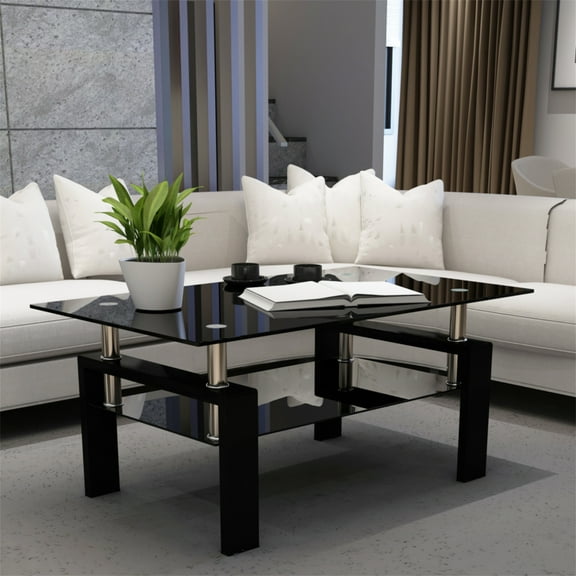 Euroco Rectangle Coffee Table, Tempered Glass Tabletop with Black Metal ...