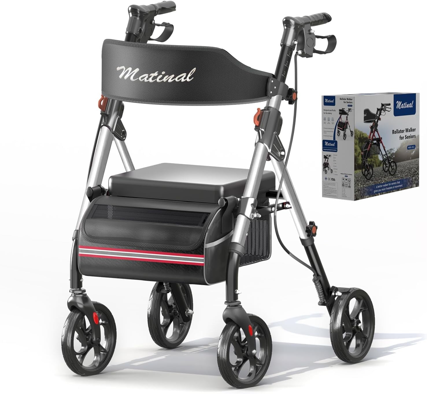 Aukfa Rollator Walker for Seniors,Lightweight Foldable All Terrain Rolling Walker with seat,8 ...