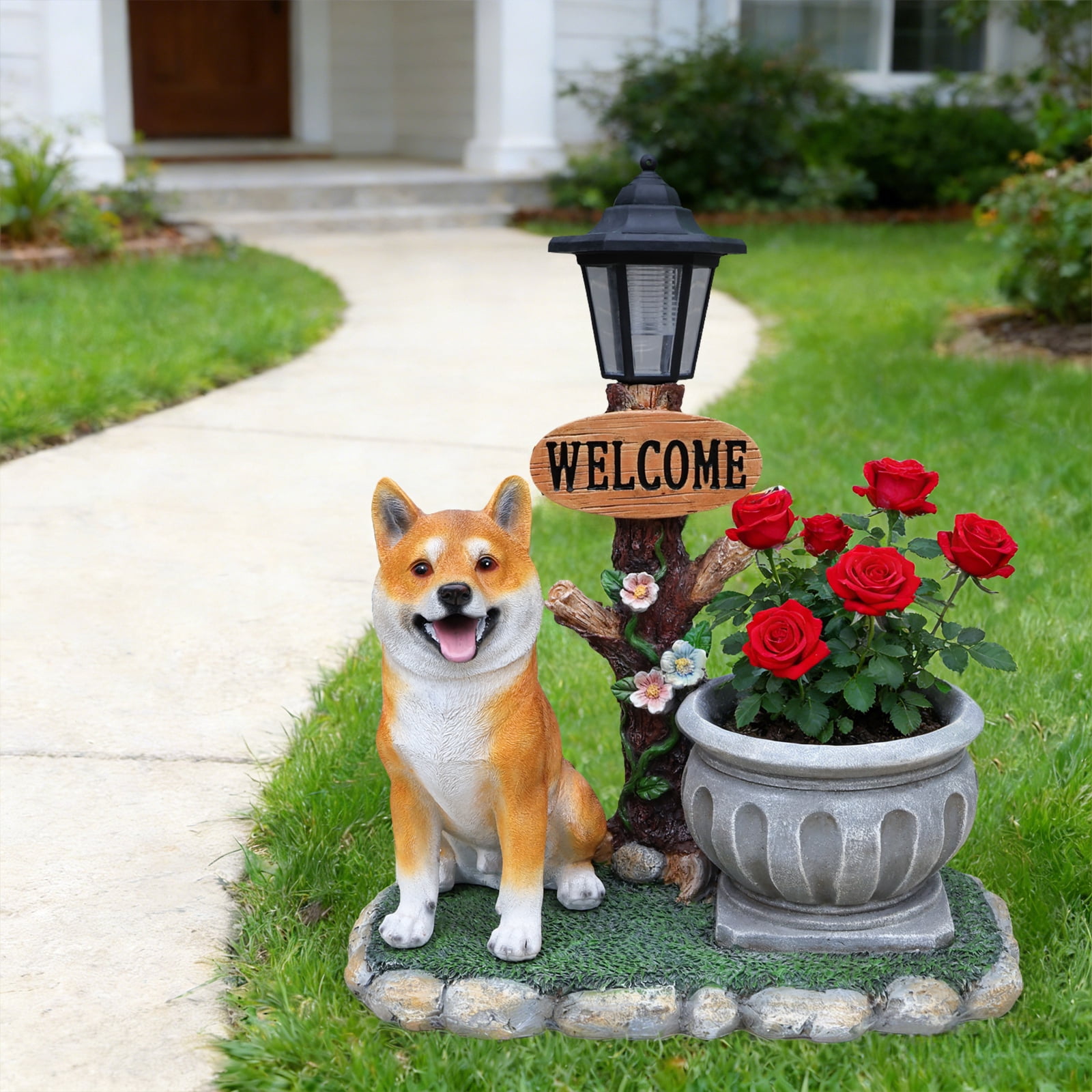 Aukfa Sitting Akita Dog Solar Planter with WELCOME Sign, Cute & Patio ...