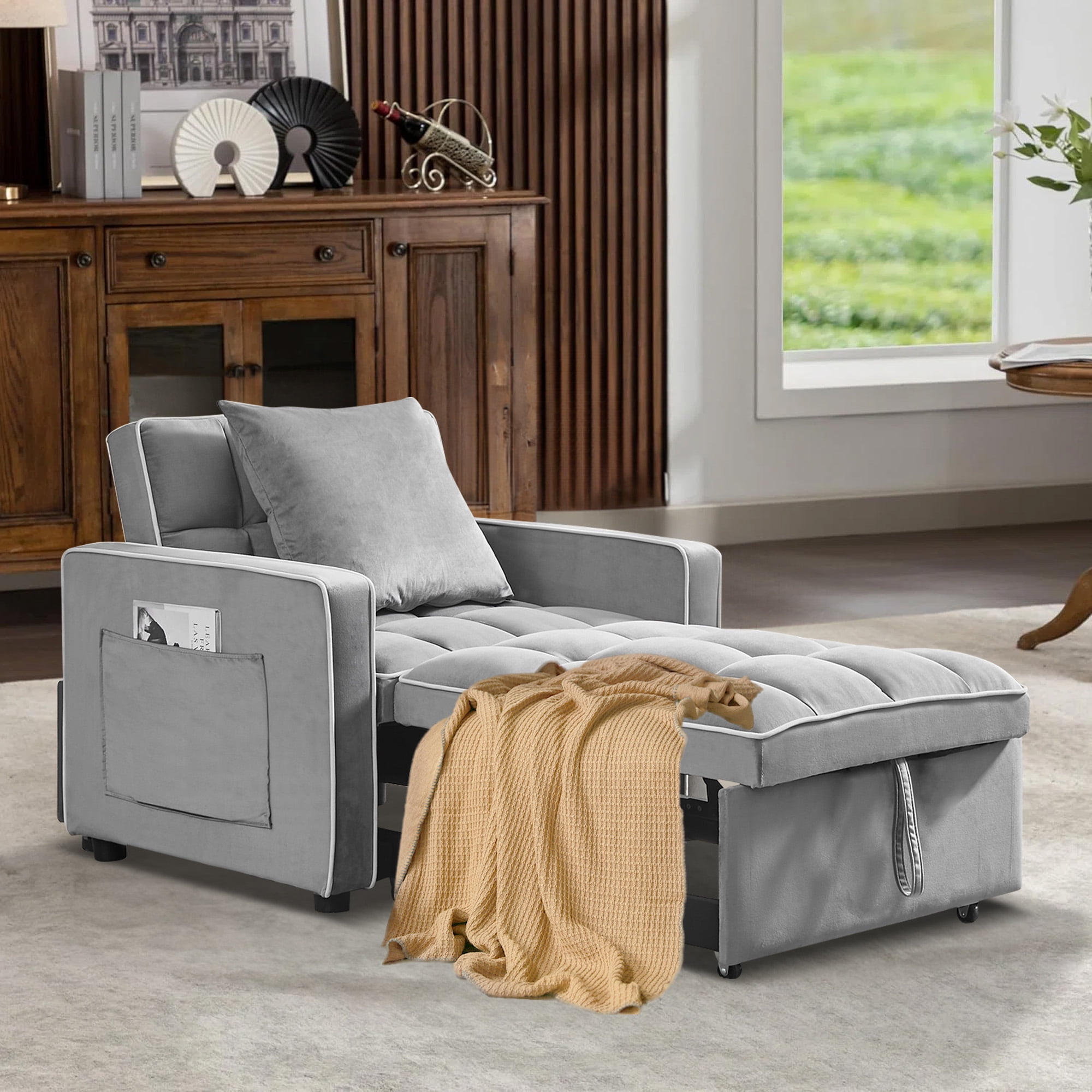 Free Shipping! Aukfa Convertible Sleeper Chair Bed, Gray Velvet Foam ...