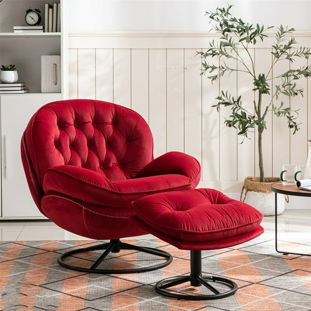 31.73 Inches Wide Tufted Velvet Swivel Lounge Chair and Ottoman Rosdorf Park Fabric Red Velvet