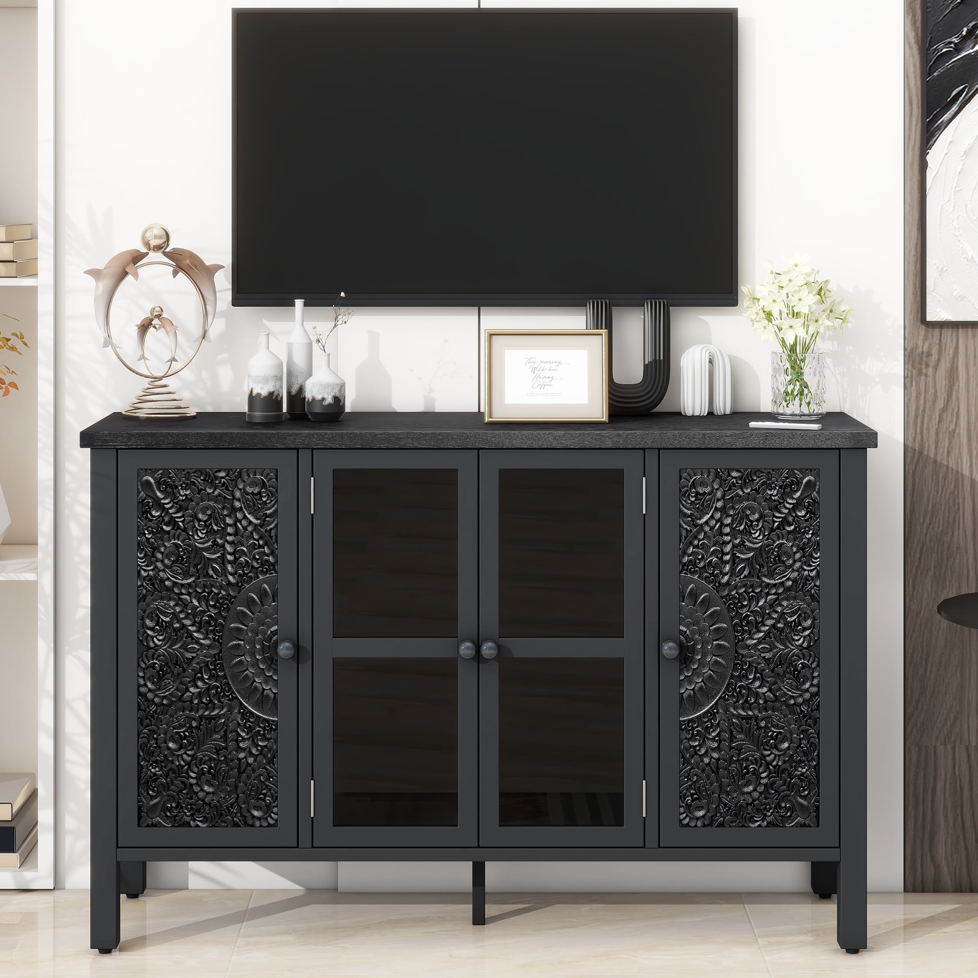 Aukfa TV Stand for TVs up to 55", Console Storage Cabinet w/ Glass ...