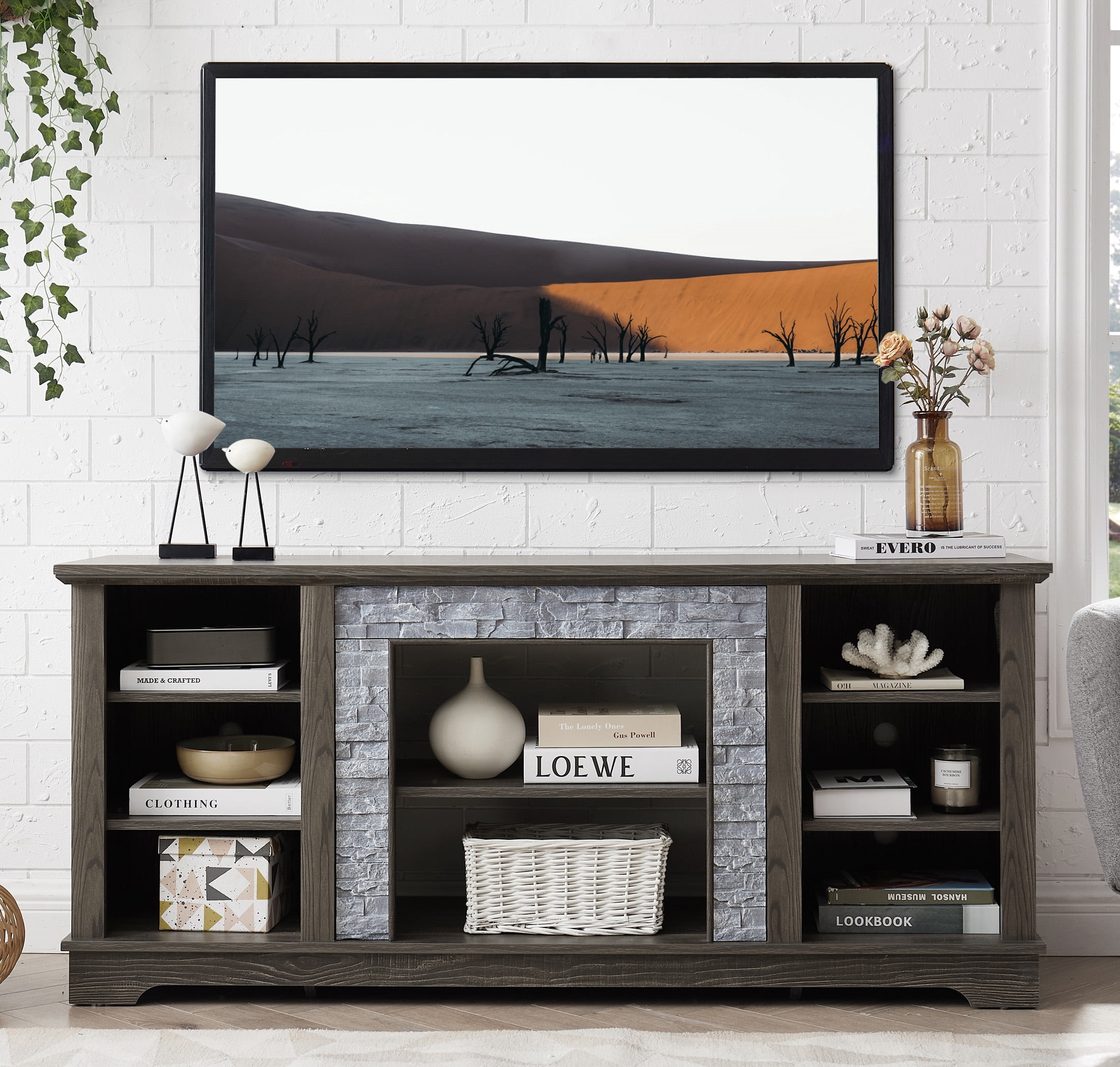 Aukfa TV Stand for TVs up to 65" with Faux Stacked Stone Surround for ...
