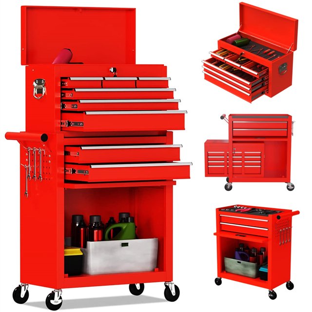 Aukfa Tool Chest, 2in1 Steel Rolling Tool Box & Cabinet On Wheels for Garage, 8-Drawer, Red ...