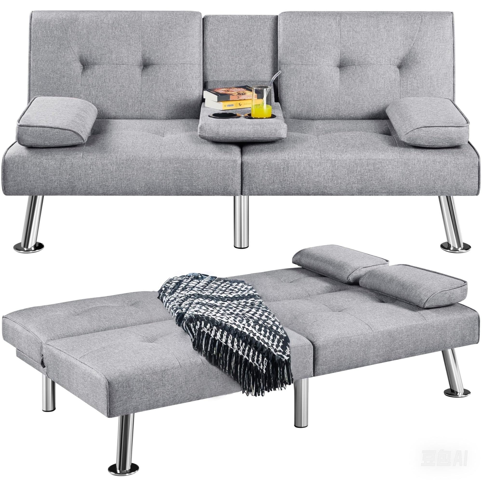 Aukfa Tufted Futon Convertible Sofa Bed for Home Office, 2 Cup Holders ...