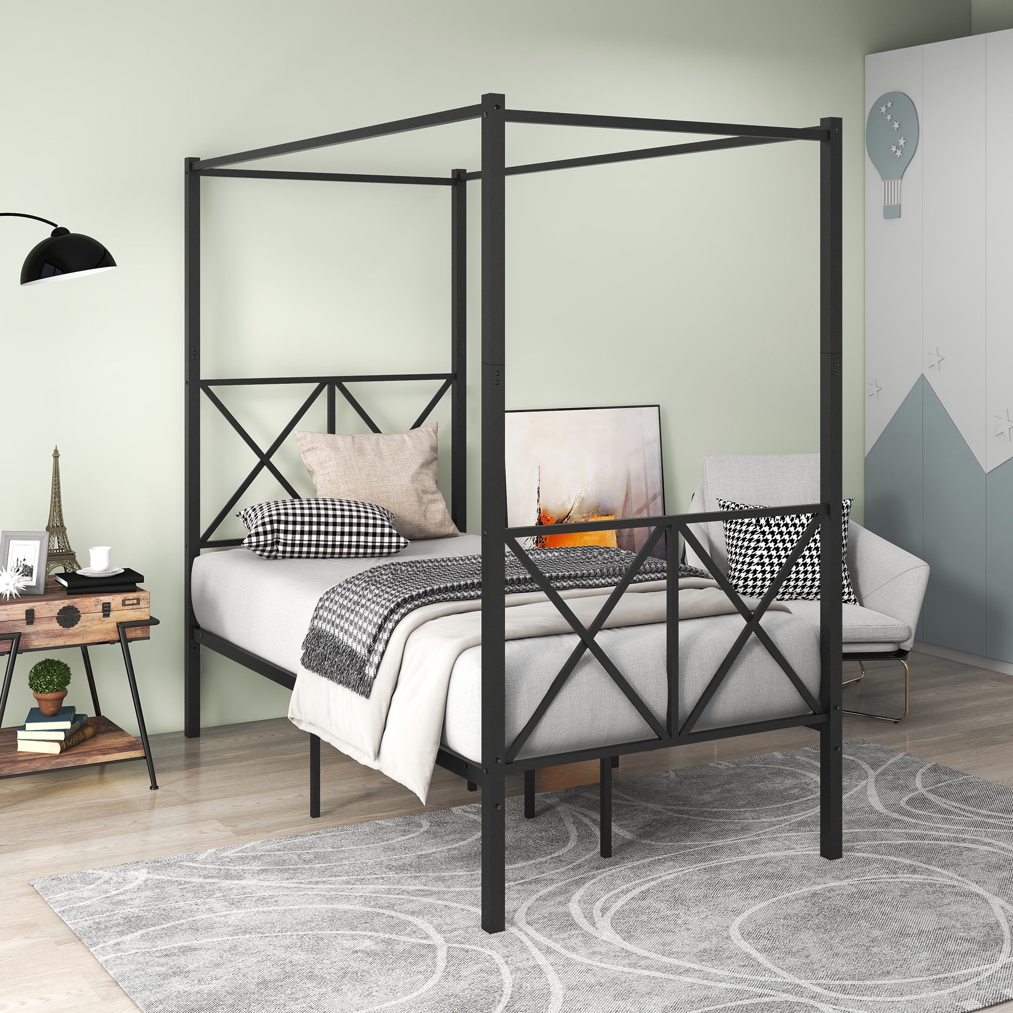 Aukfa Twin Canopy Bed Frame, Four-Poster Metal Platform Bed with X ...