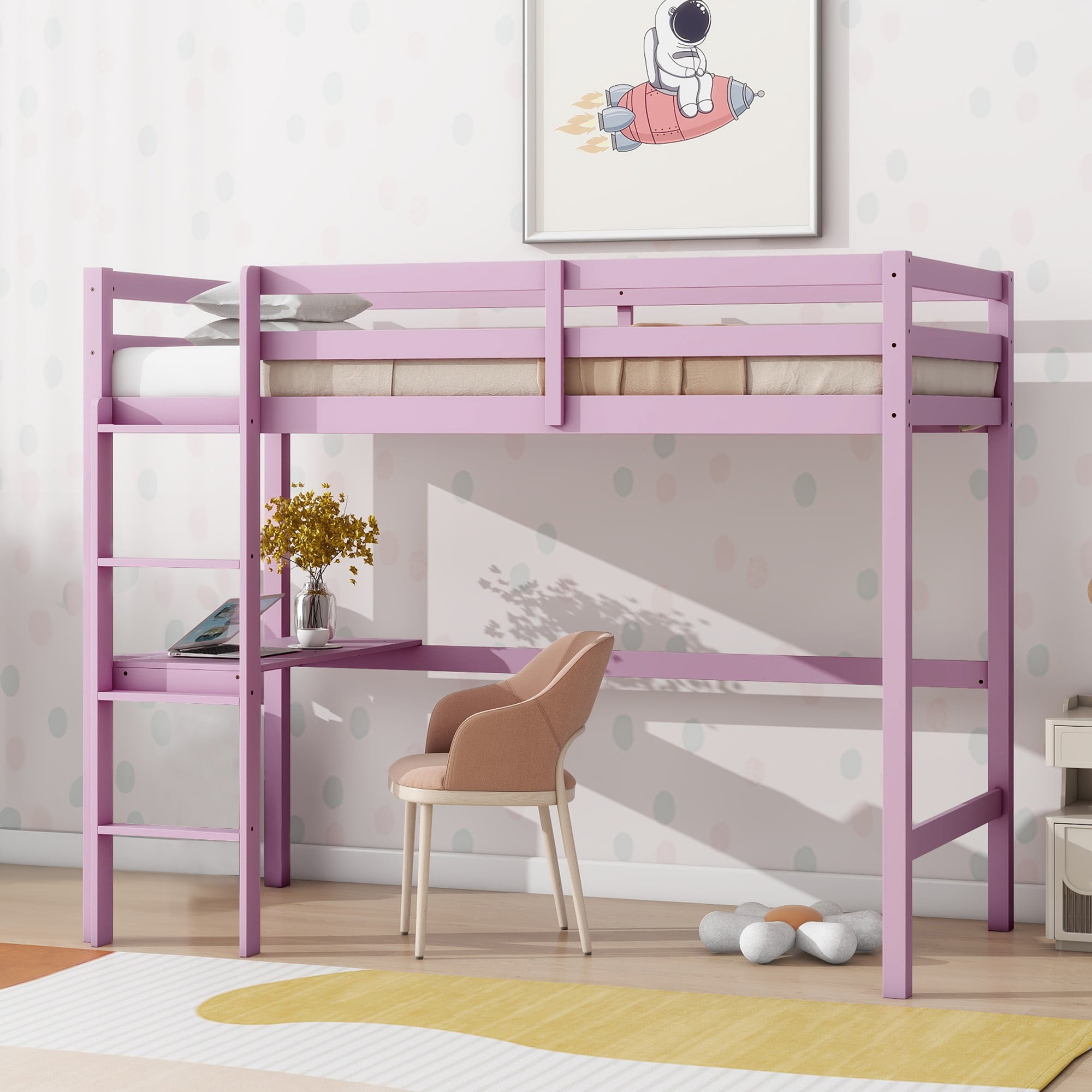 Aukfa Twin Loft Bed with Built-in Desk for Kids Teens Dorm, Rubber Wood ...