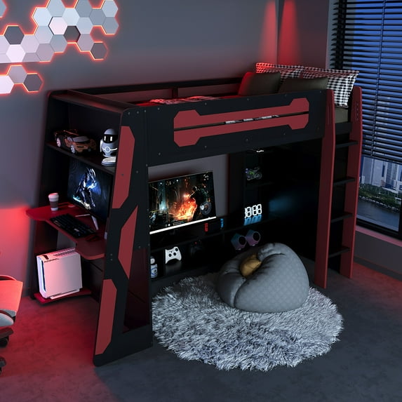 Aukfa Twin Size Gaming Loft Bed for Teens, Wood Esports Bed Frame with ...