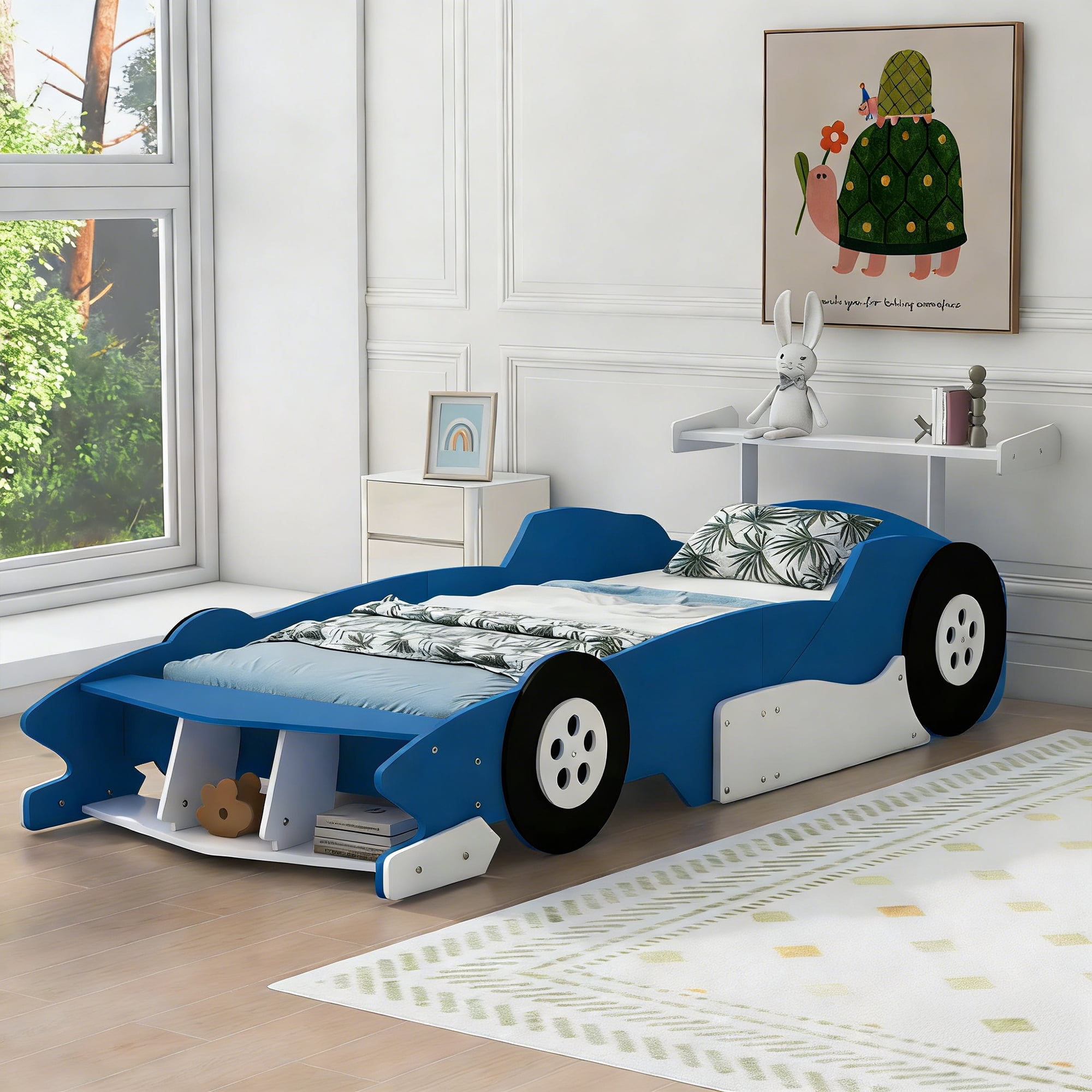 Aukfa Twin Size Race Car Bed for Kids/Toddlers, Wooden Car-Shaped ...