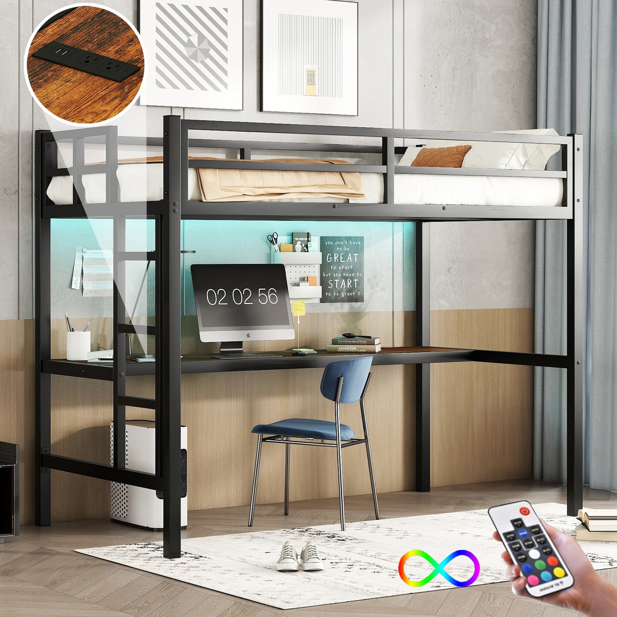 Aukfa Twin XL Metal Loft Bed with Desk, Charging Station and LED Lights ...