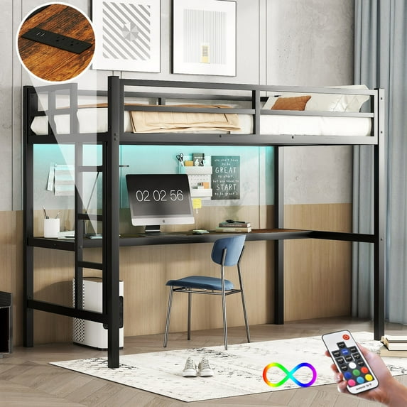 Aukfa Twin XL Metal Loft Bed with Desk, Charging Station and LED Lights ...