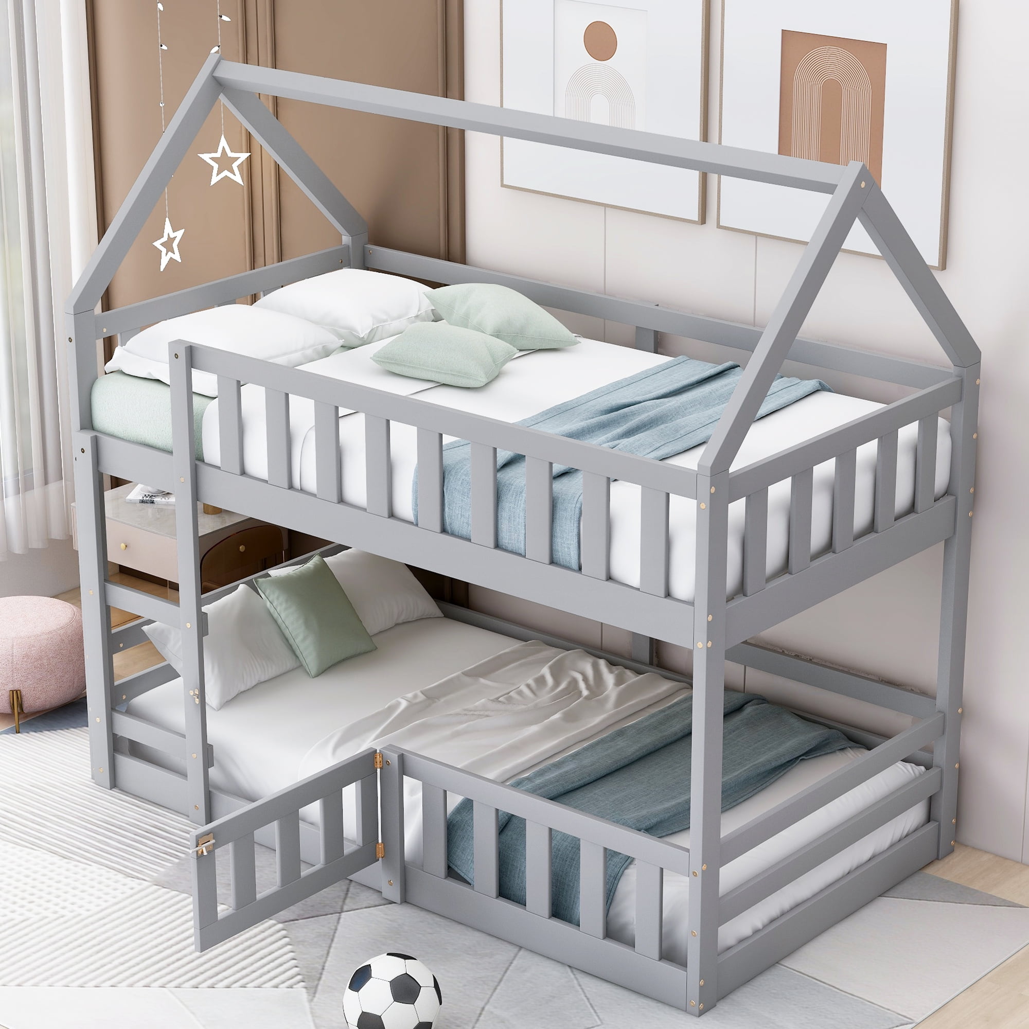 Aukfa Twin-over-Twin Bunk Bed with Fence and Door, Solid Wood House ...
