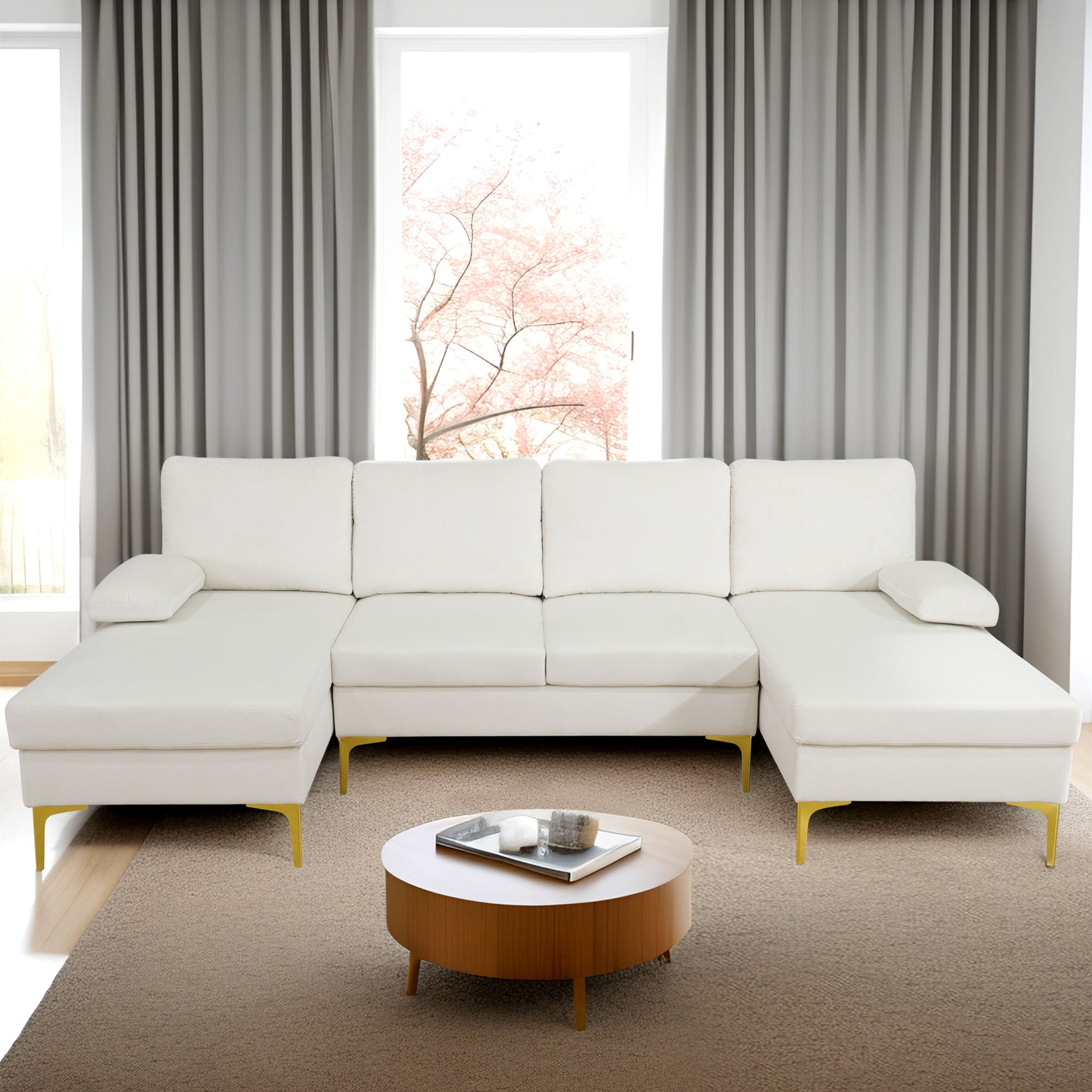 Aukfa U Shape Sectional Sofa - Flannel Upholstery - Beige - Walmart.com