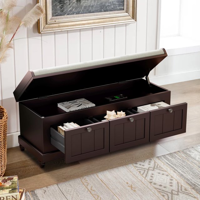 Aukfa Upholstered Storage Bench with 3 Drawers, Flip-Open Storage Box ...
