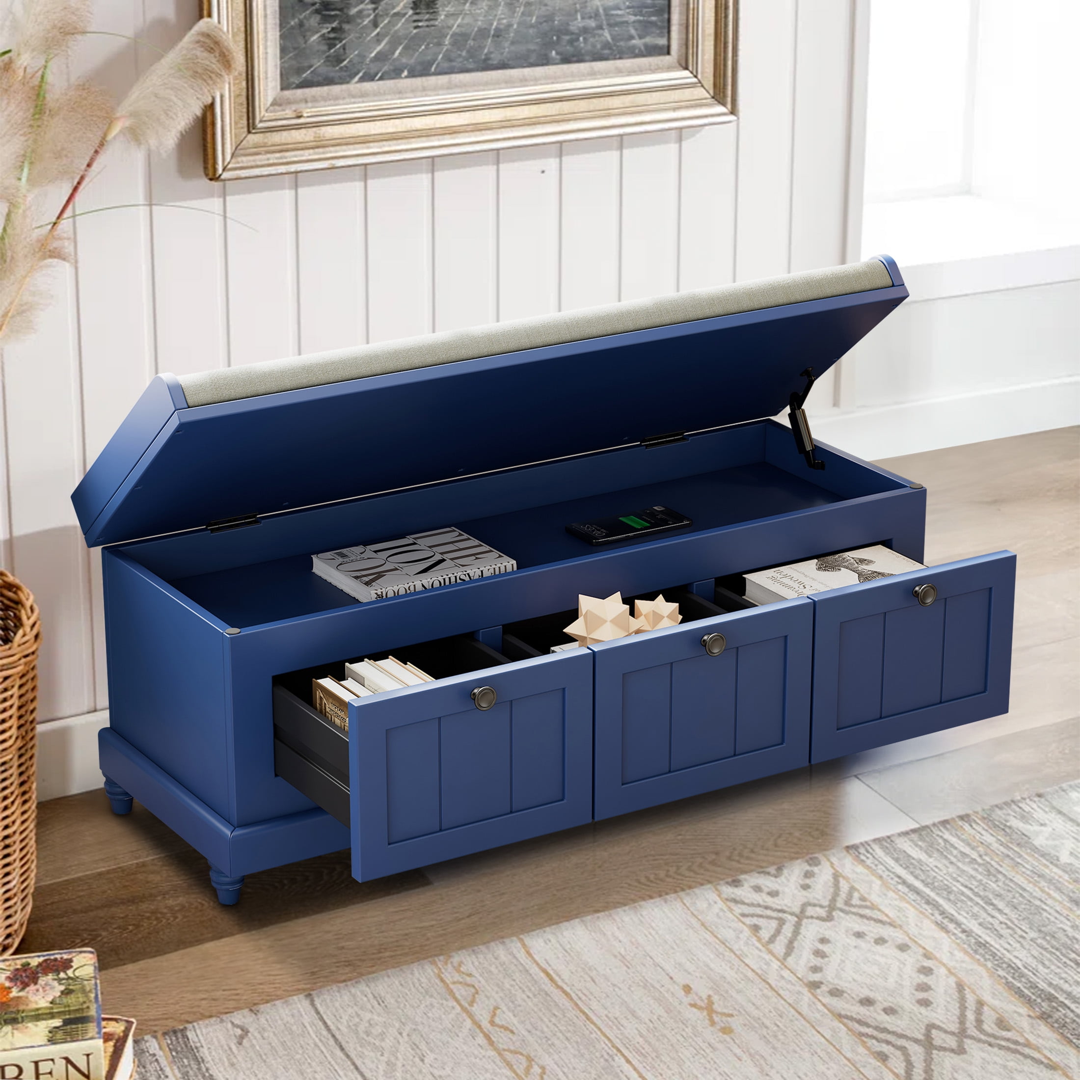 Aukfa Upholstered Storage Bench with 3 Drawers, Flip-Open Storage Box ...