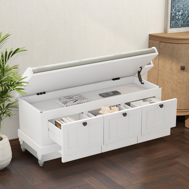 Aukfa Upholstered Storage Bench with 3 Drawers, Flip-Open Storage Box ...